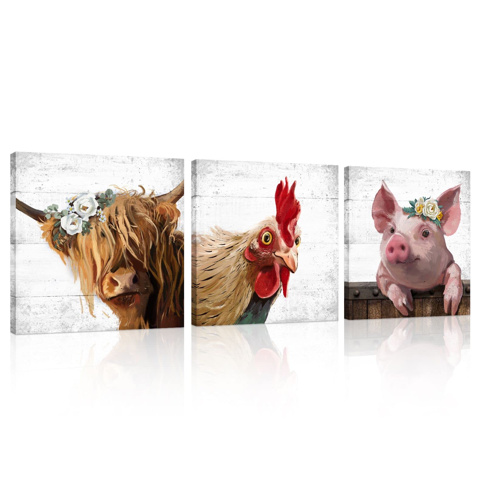 Farm Animal Farmhouse Wall Art: Highland Cow Rooster Pig Head Picture ...