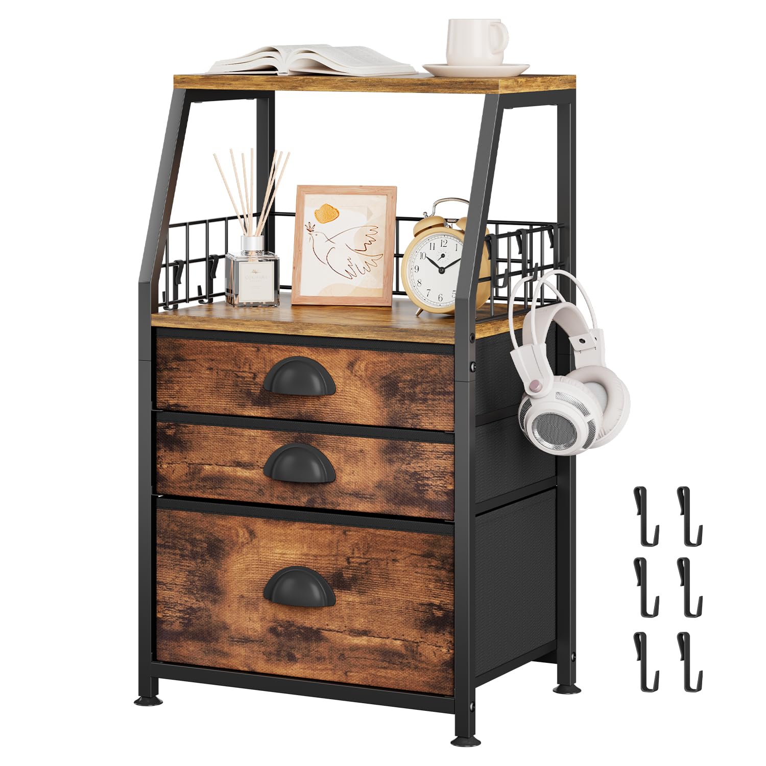 LASZOLA Nightstand with 6 Hooks and Bedside Table with 3 Drawers and 2 ...