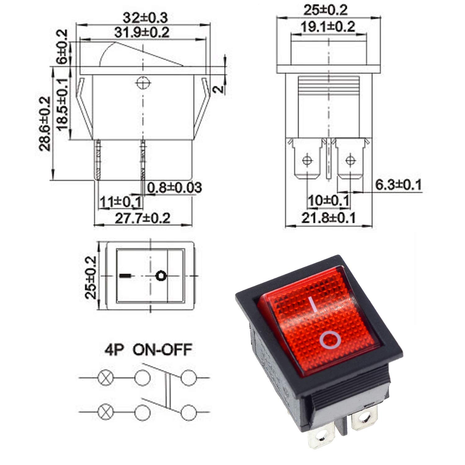 2Pcs AC 20A/125V 15A/250V DPST 4 Pins 2 Position ON/Off Boat Rocker ...