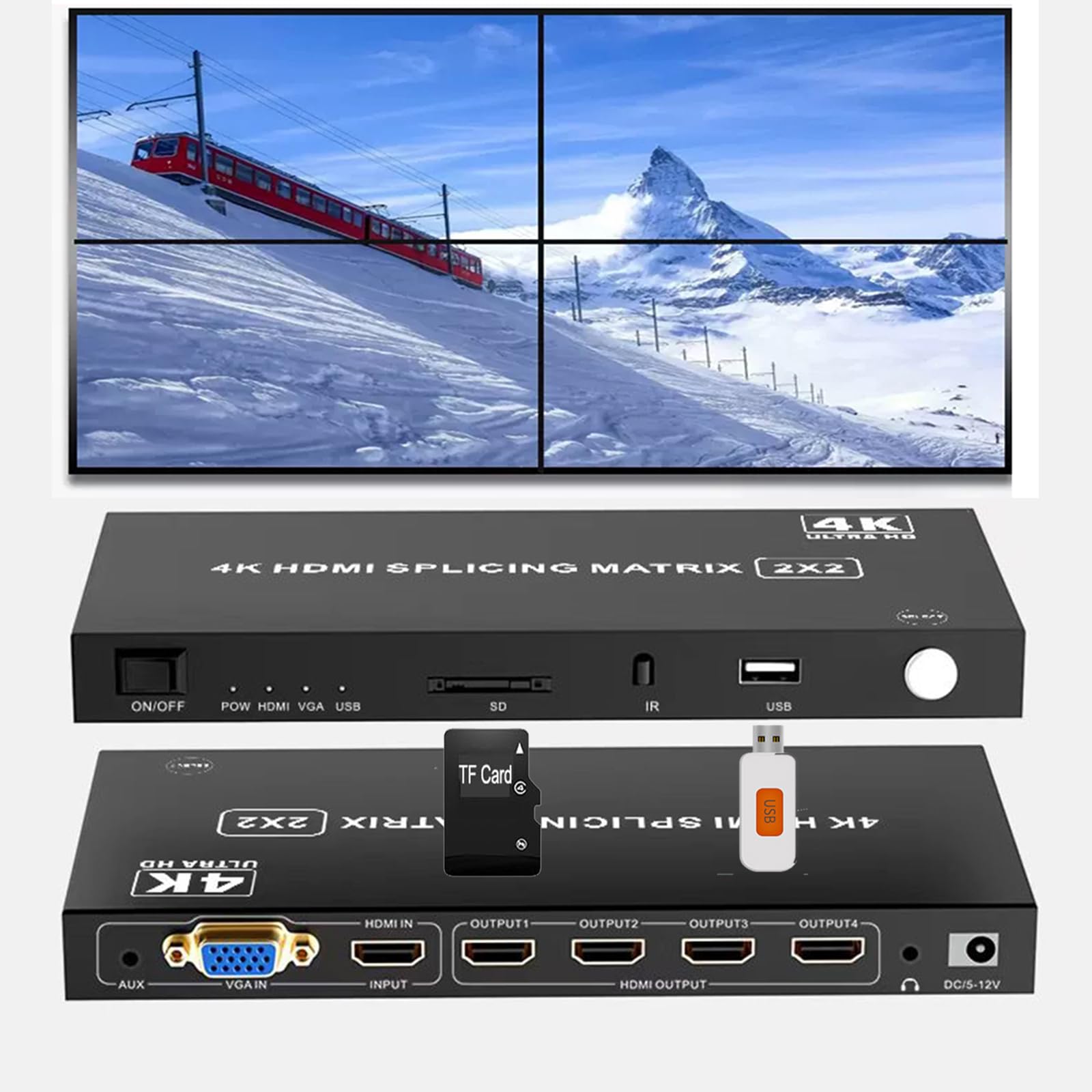 4-in4-out Video Wall Controller 2x2, HDMI & VGA & USB & SD Support 4K Input TV Wall Controller ...