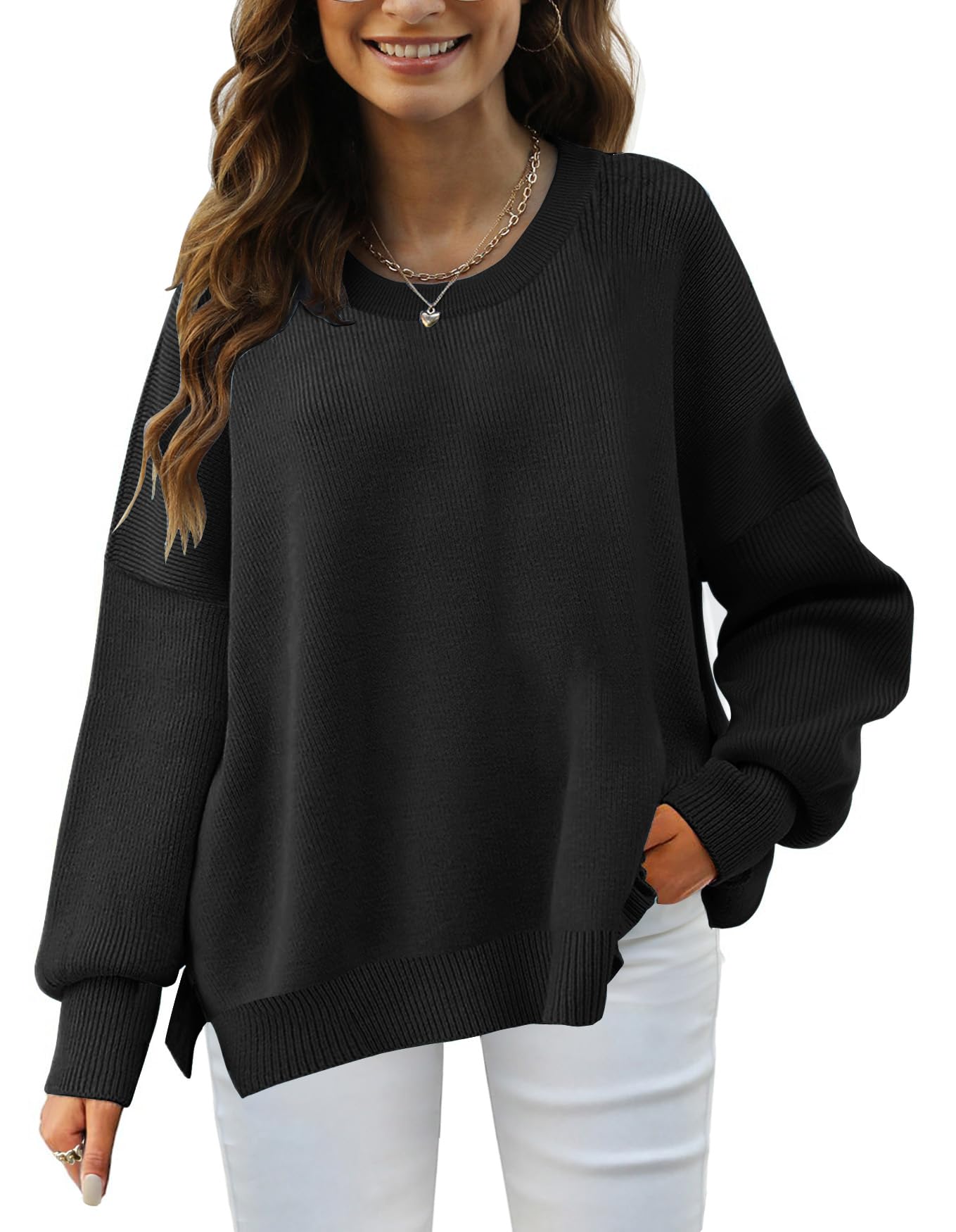 Bluetime Black Sweaters for Women Trendy Crew Neck Long Sleeve Tunic ...