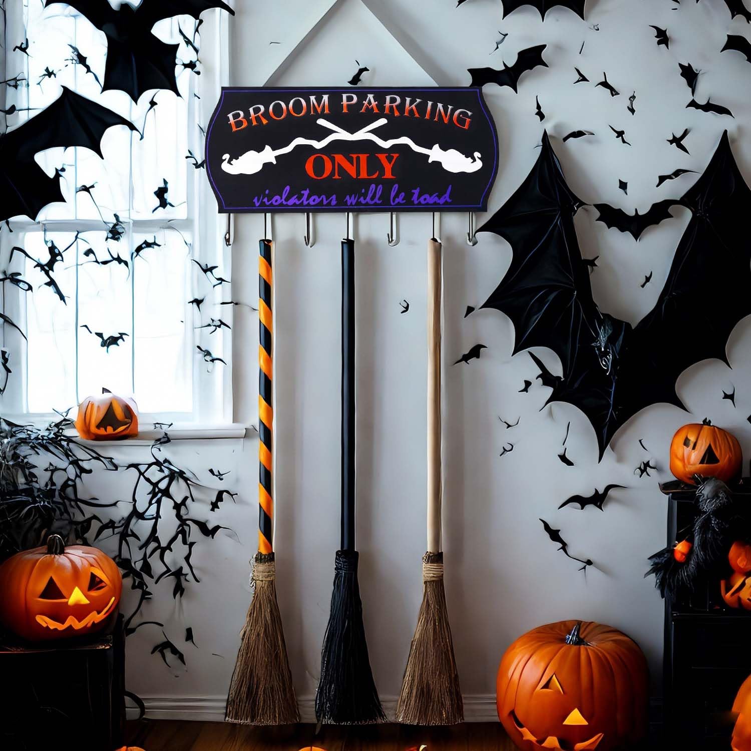 Halloween Decorations, Broom Parking Sign with 3 Wooden Witches Brooms ...