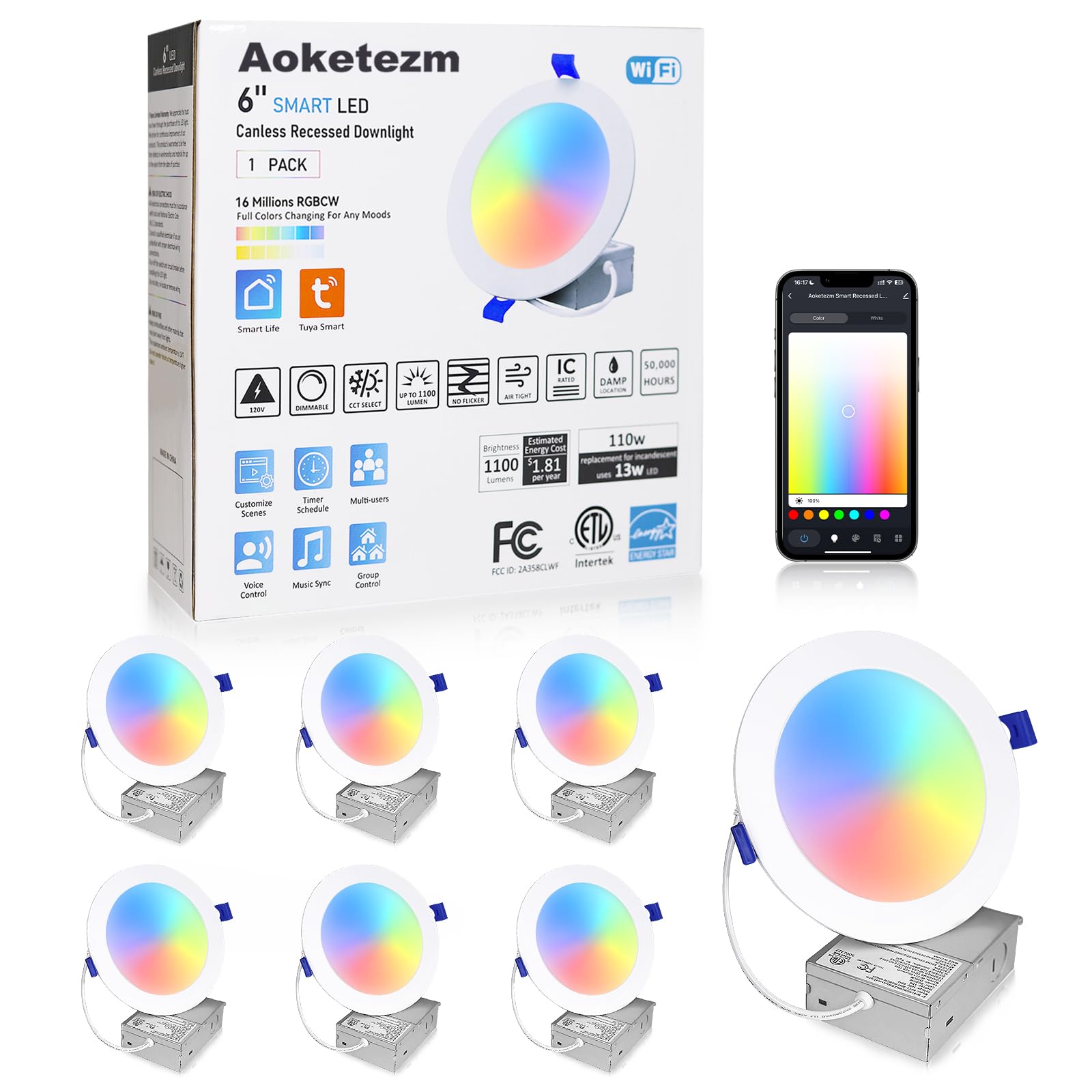 AOKETezm Smart WIFI Bluetooth Recessed Lighting 6 inch, RGBCW Color ...