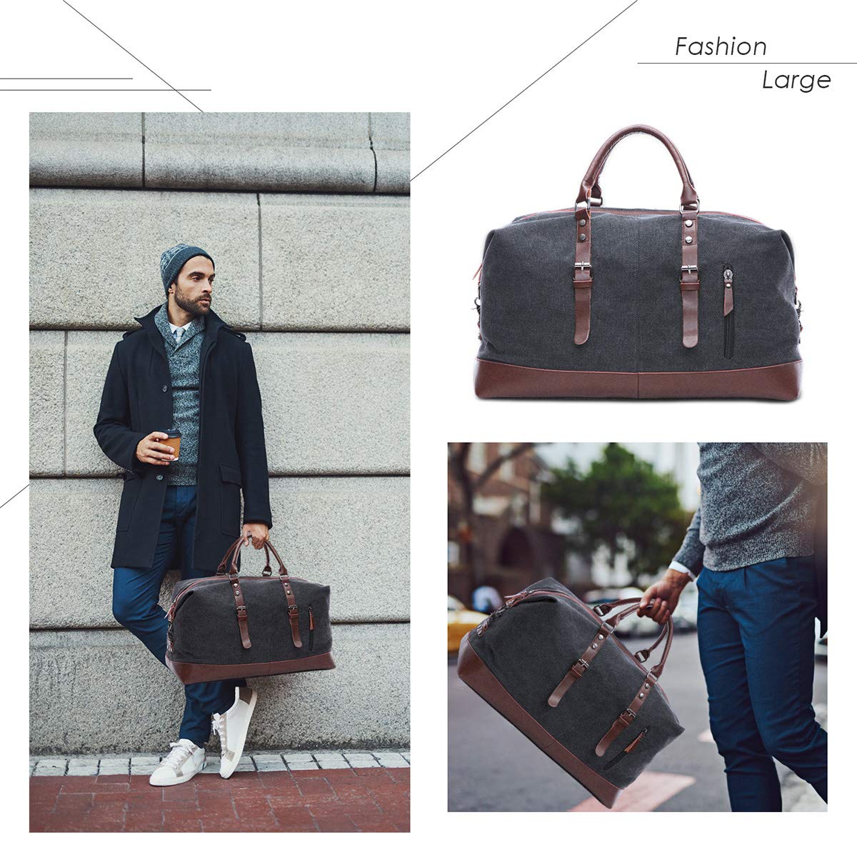 Fresion Carry on Bag Canvas Leather Weekender Overnight Holdall Tote ...