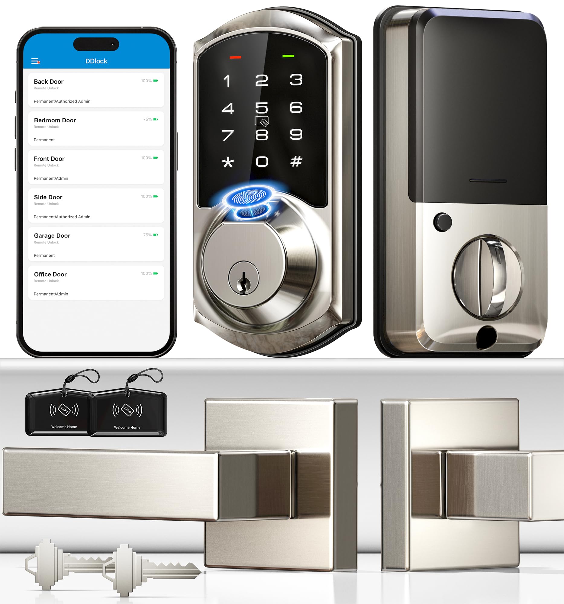 Veise Fingerprint Smart Locks for Front Door with 2 Lever Handle Set ...