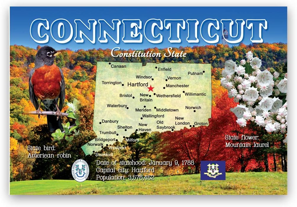 Amazon.com : CONNECTICUT MAP postcard set of 20 identical postcards. CT ...