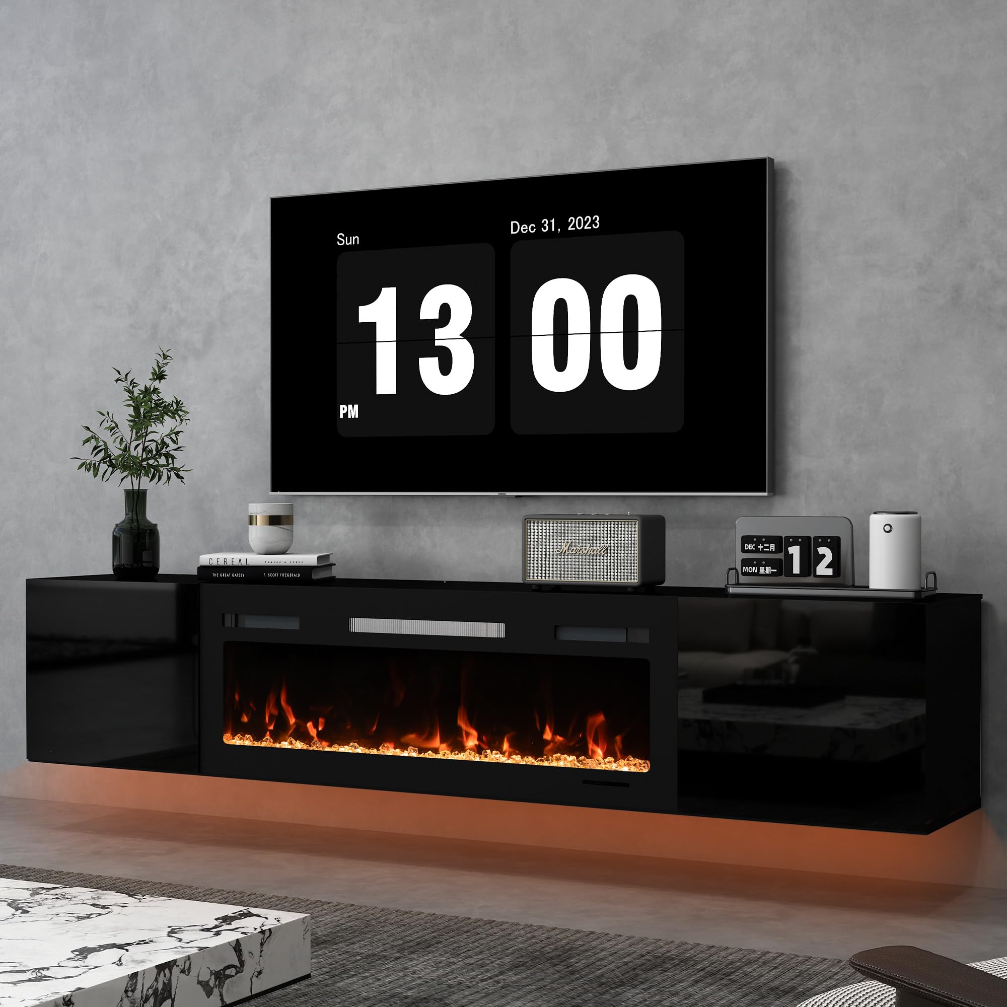 Floating TV Stand with 40" Electric Fireplace, 80" Wall Mounted TV ...