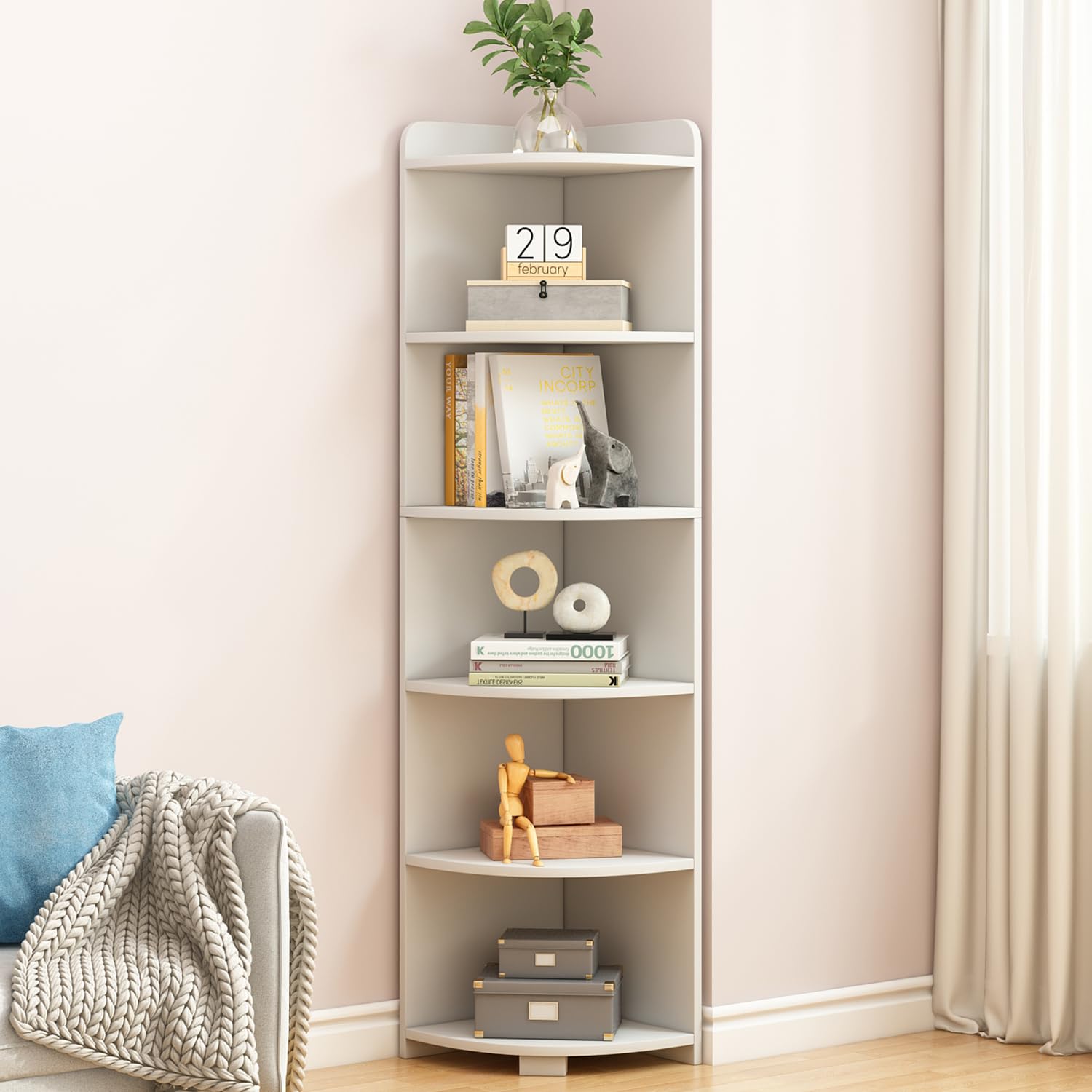 IOTXY 6-Tier Open Corner Shelf - 71" Tall Wooden Floor Standing Corners ...