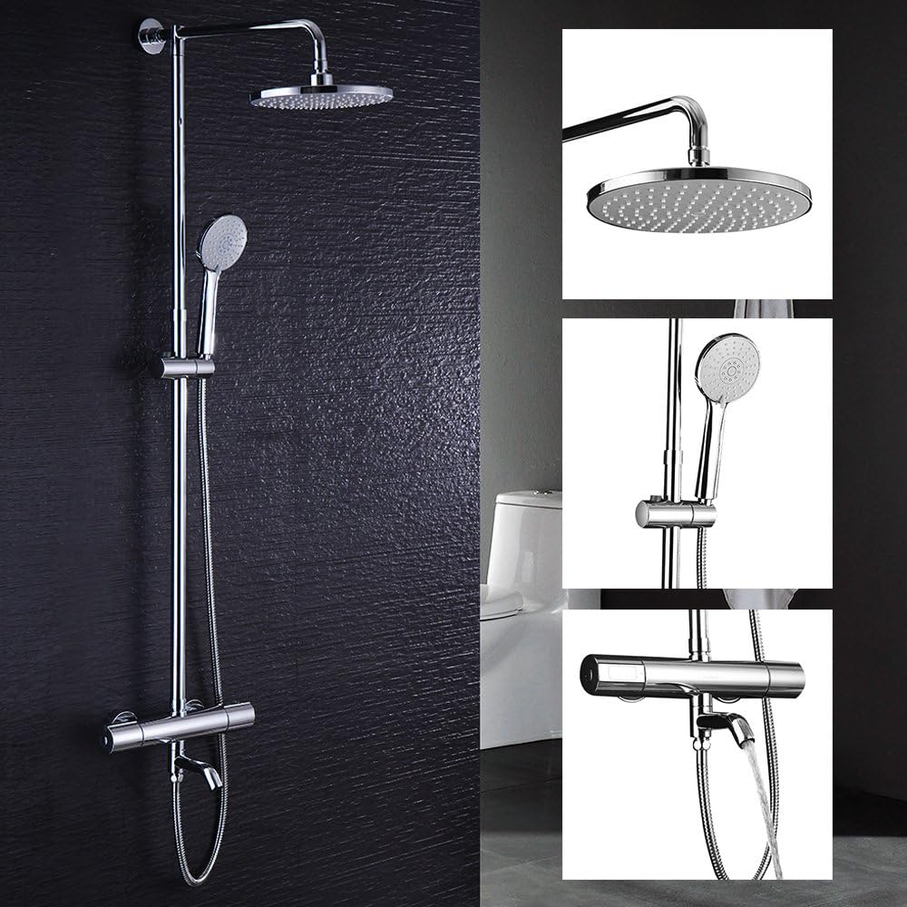 Hausbath Modern Chrome Riser Rail Mixer Circular Shower Head Kit For ...