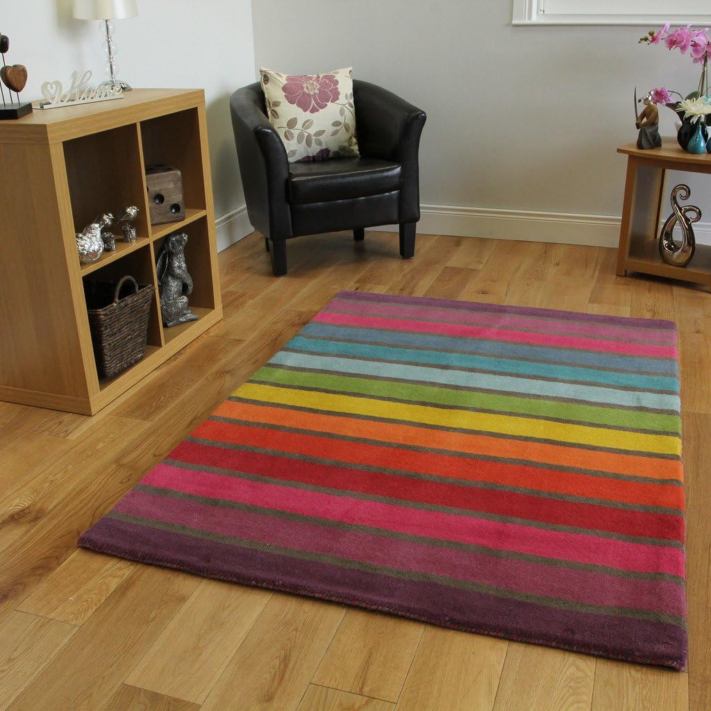 New Modern Bold Multicoloured Stripes Thick Pile Rug 3 Sizes- Dynamic ...