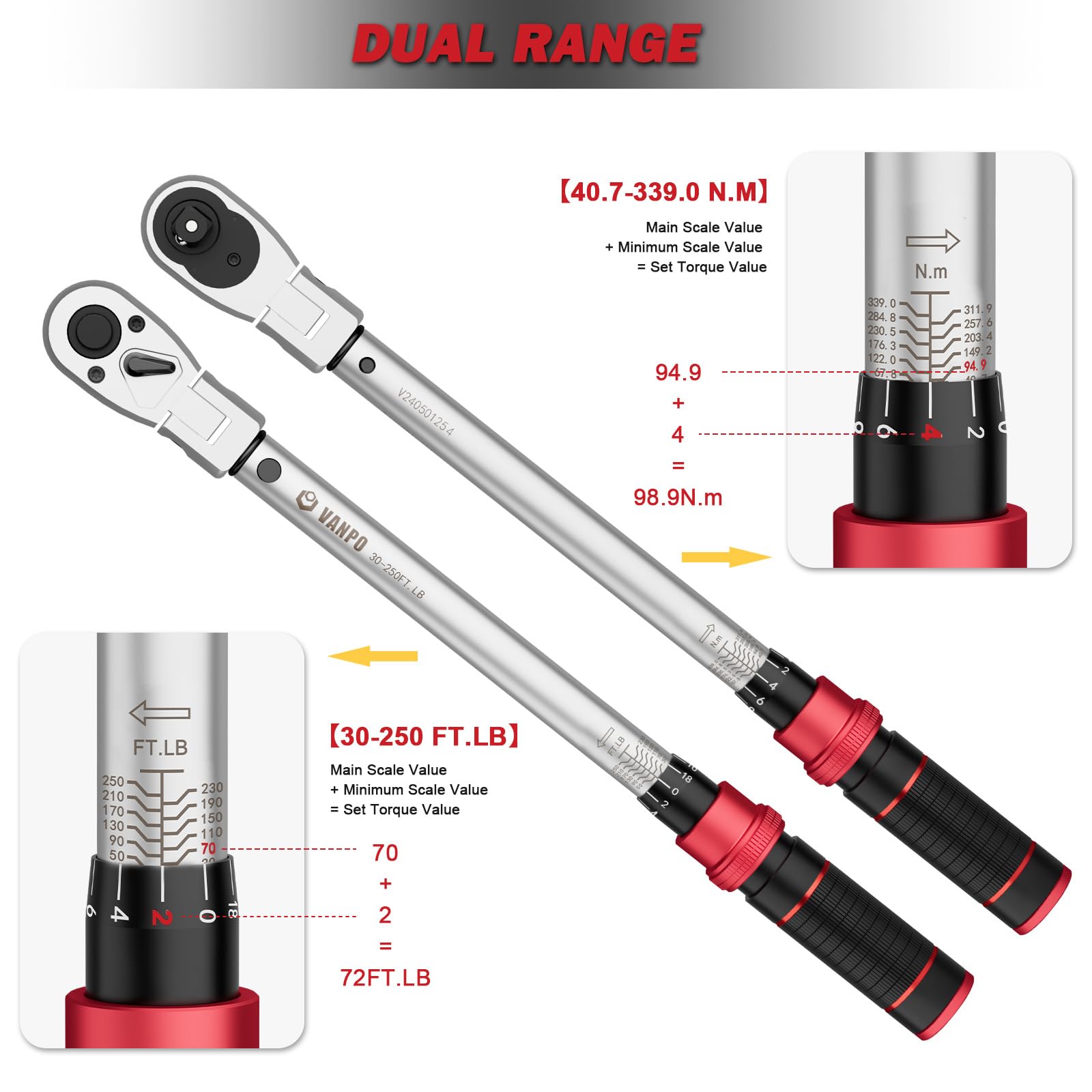 Mua VANPO Flex Head Torque Wrench, 30-250 Ft.lb/40.7-339.0 Nm, 1/2-Inch ...