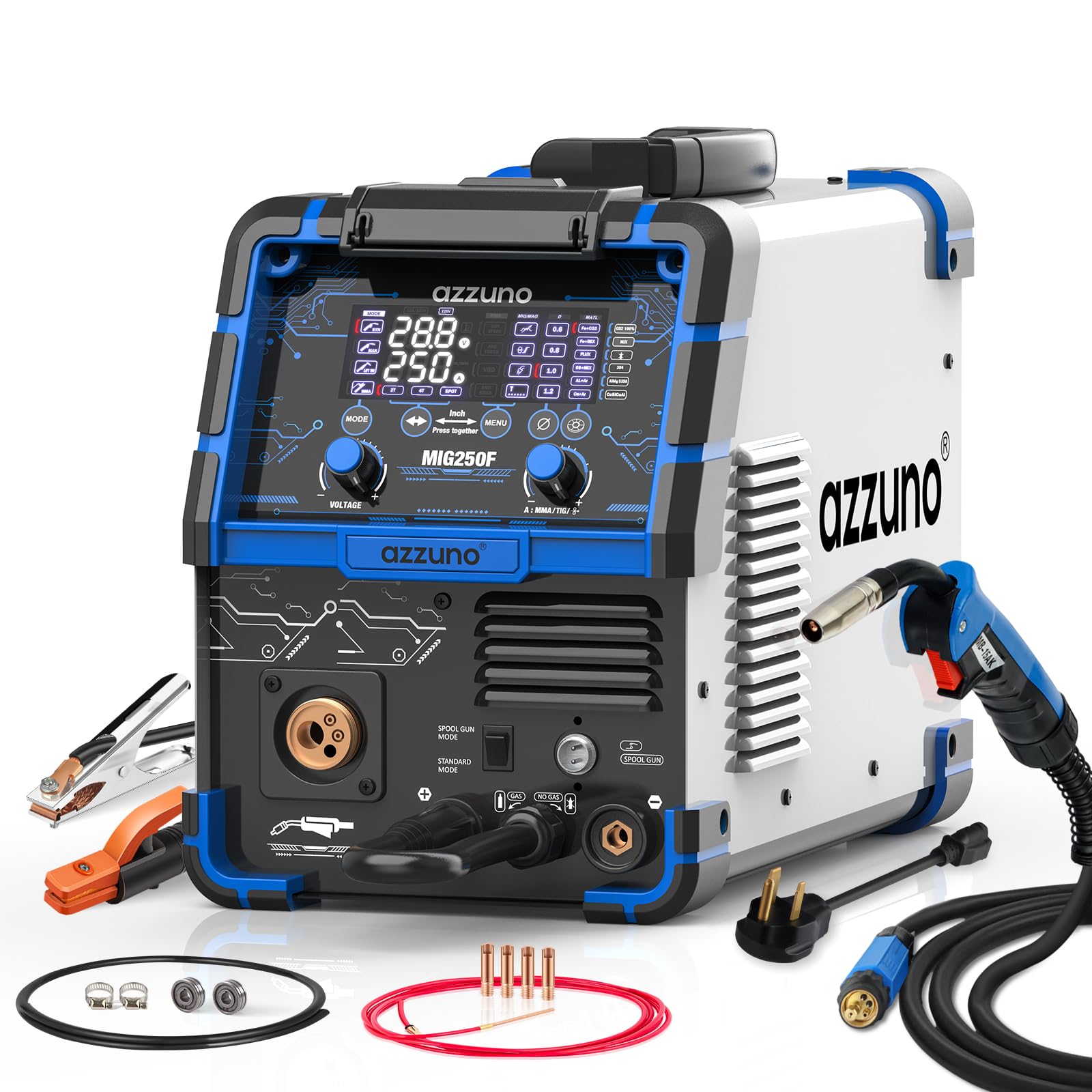 AZZUNO Aluminum 250Amp MIG Welder,6 in 1 Gas MIG/Gasless Flux Core/Stick/Lift TIG/Spot Welding ...
