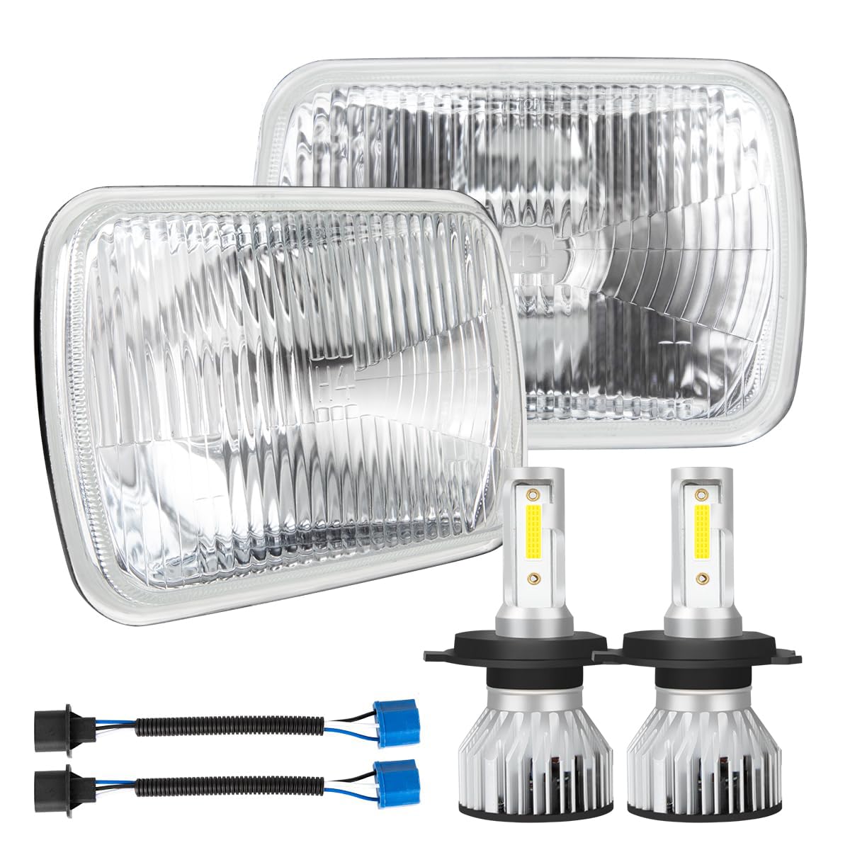 IHNZCB 7X6 Inch H6054 Glass Square Headlight Housing + H4/9003 High Low ...