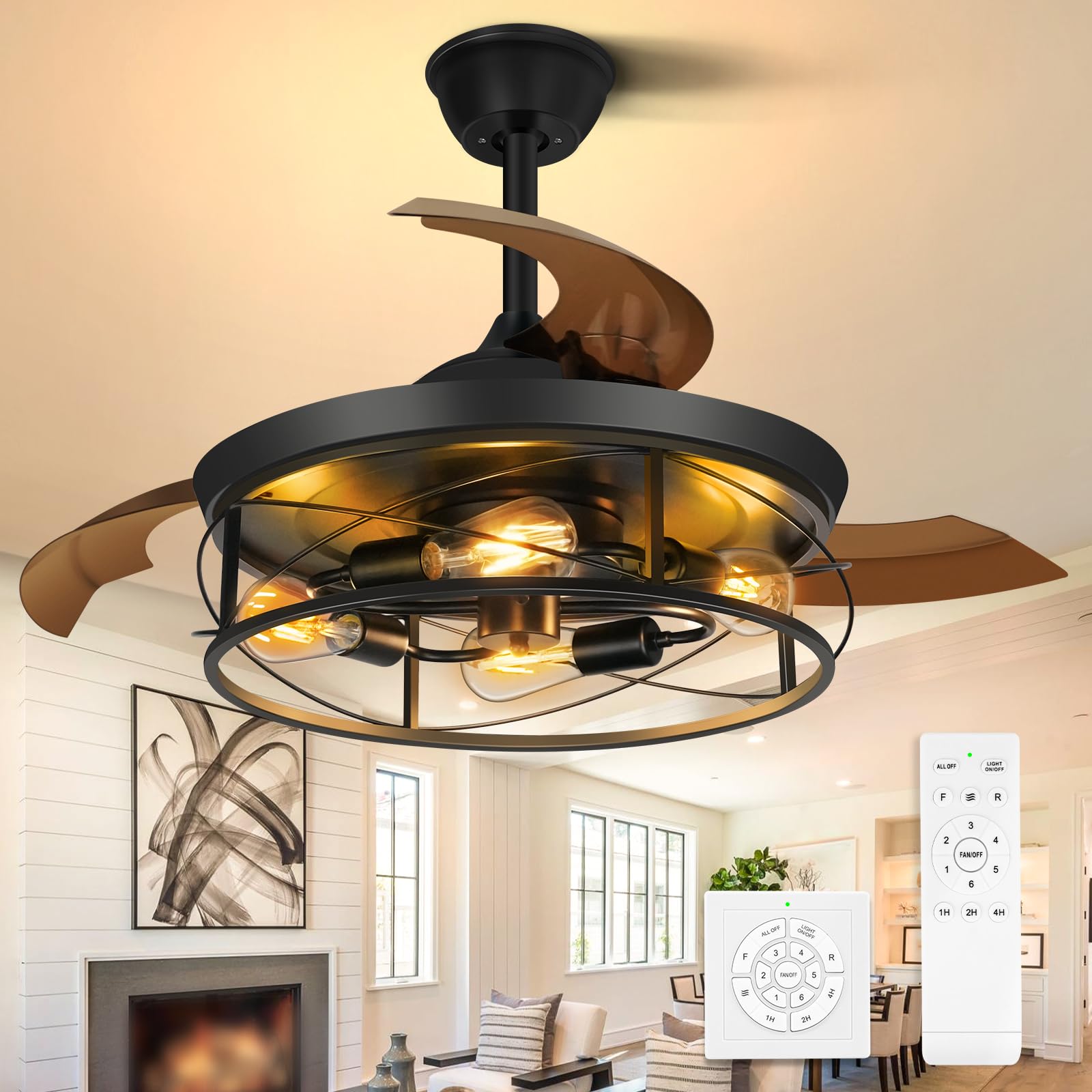 NEWORB 42Inch Retractable Ceiling Fans with Lights Remote Control Caged ...