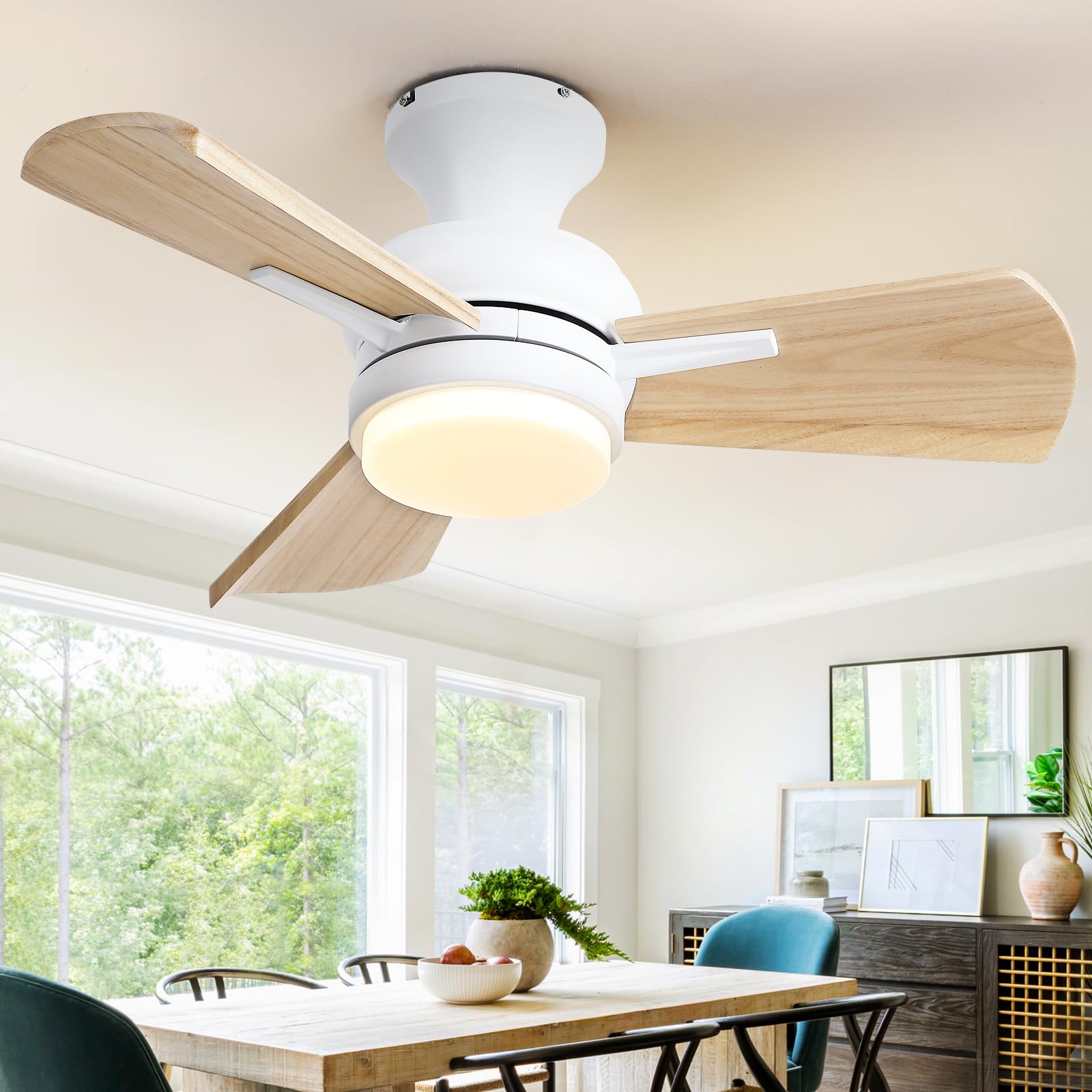 Mpayel 30" Small Ceiling Fan with Light - Wood Flush Mount Ceiling Fan ...