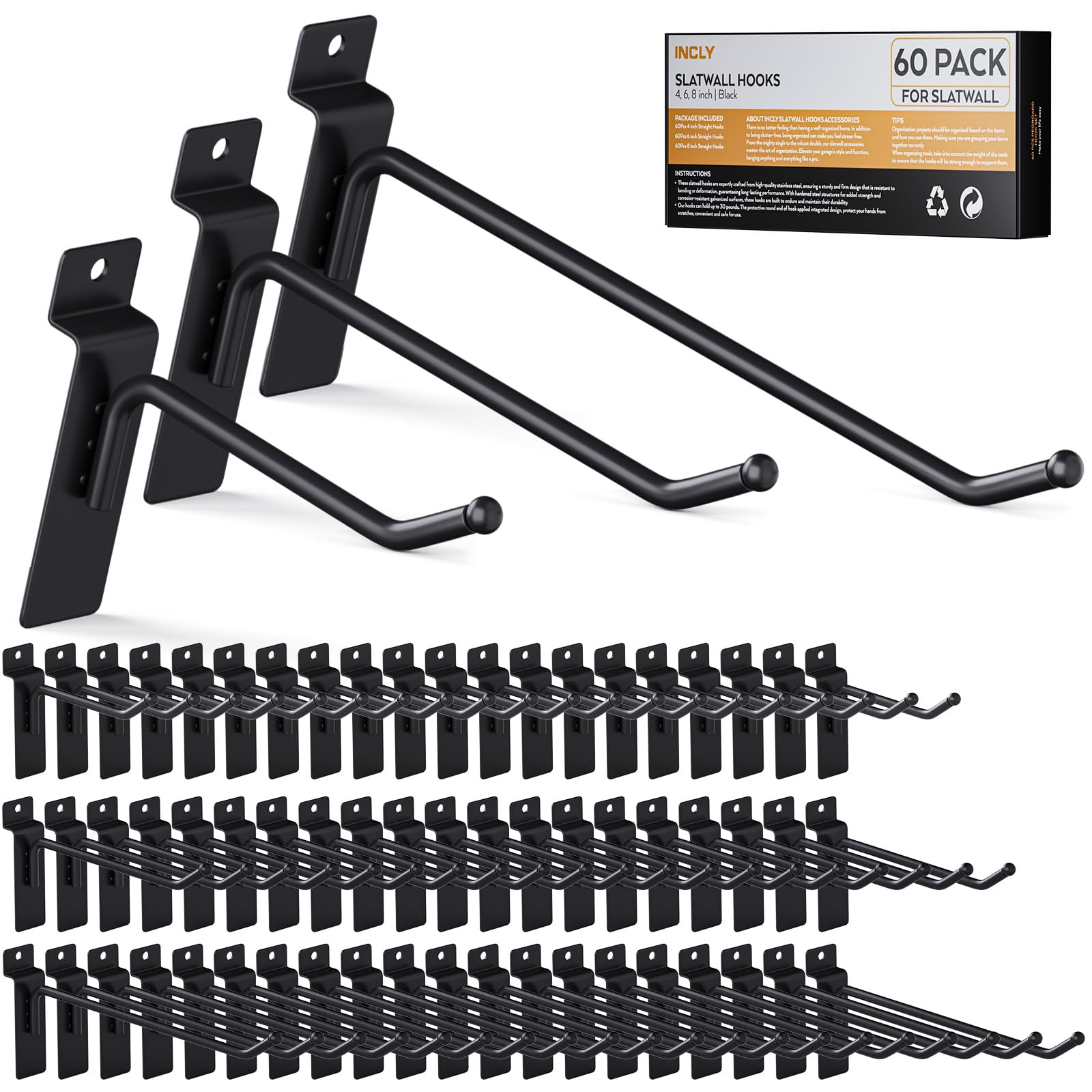 INCLY 60 Pack Slatwall Hooks, 4/6/8 Inch Heavy Duty Black Slat Wall ...