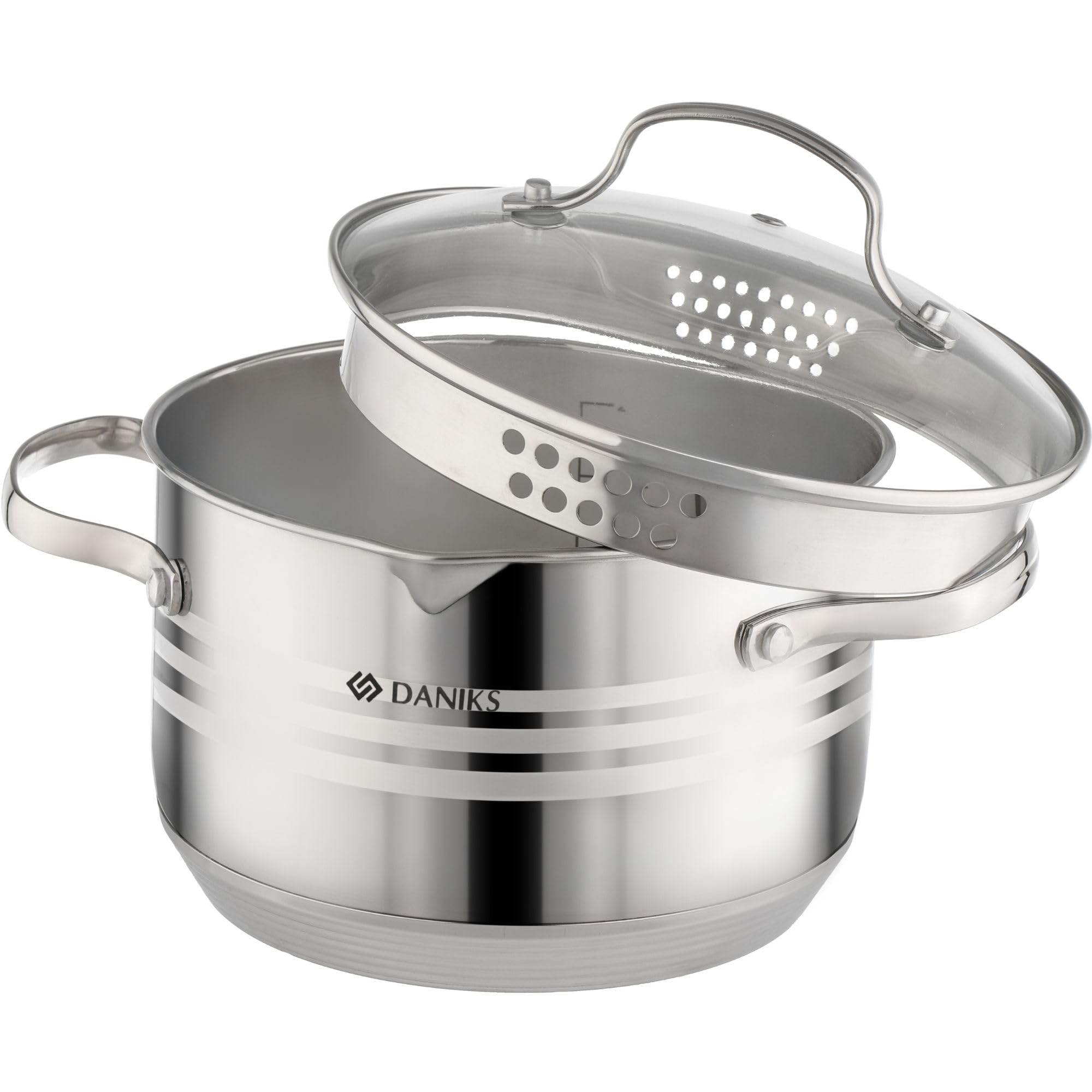 Daniks Tokio Stainless Steel Stock Pot with Glass Strainer Lid – Induction 3 Quart, Dishwasher ...