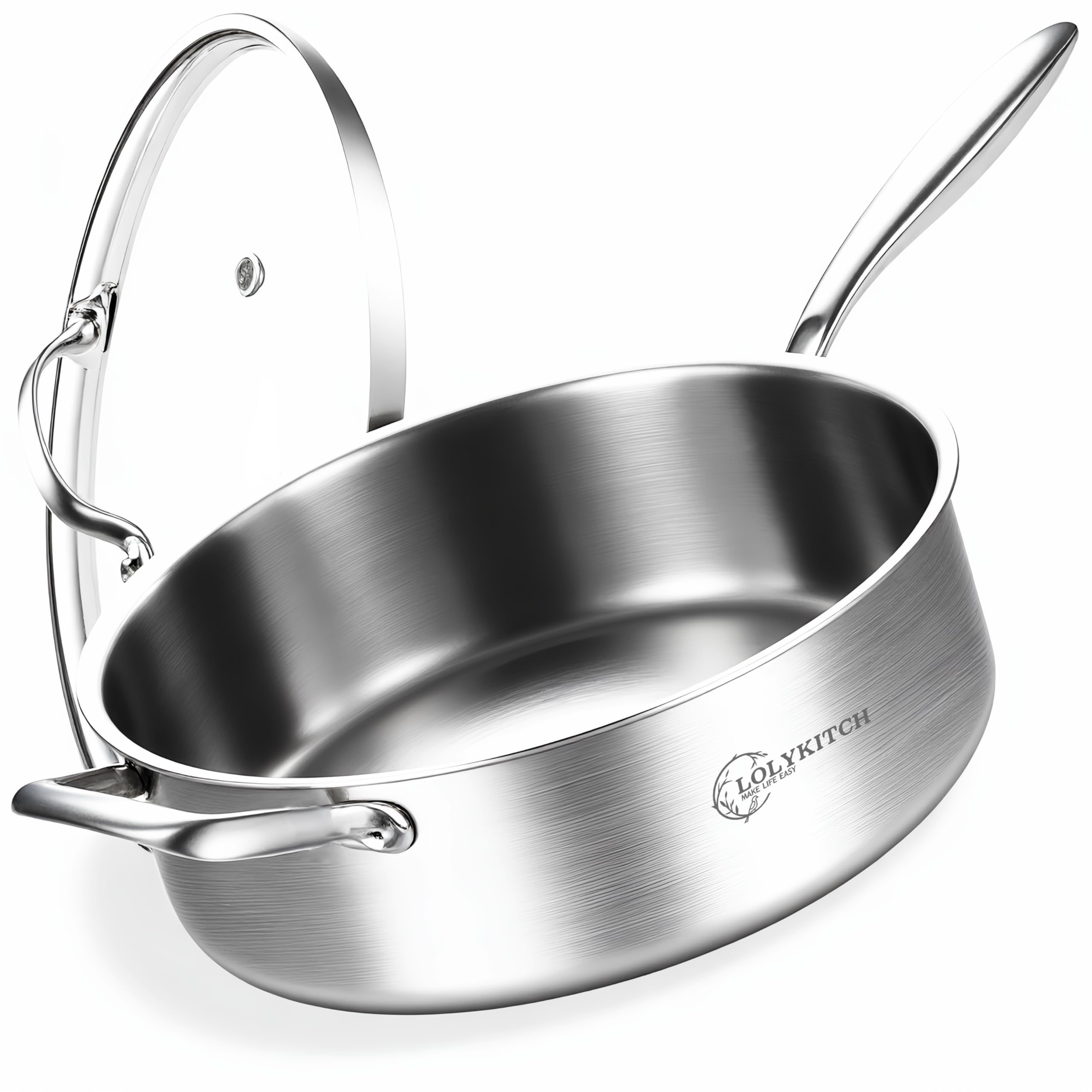 LOLYKITCH 7 QT Tri-Ply Stainless Steel Sauté Pan with Lid,12 Inch Deep ...