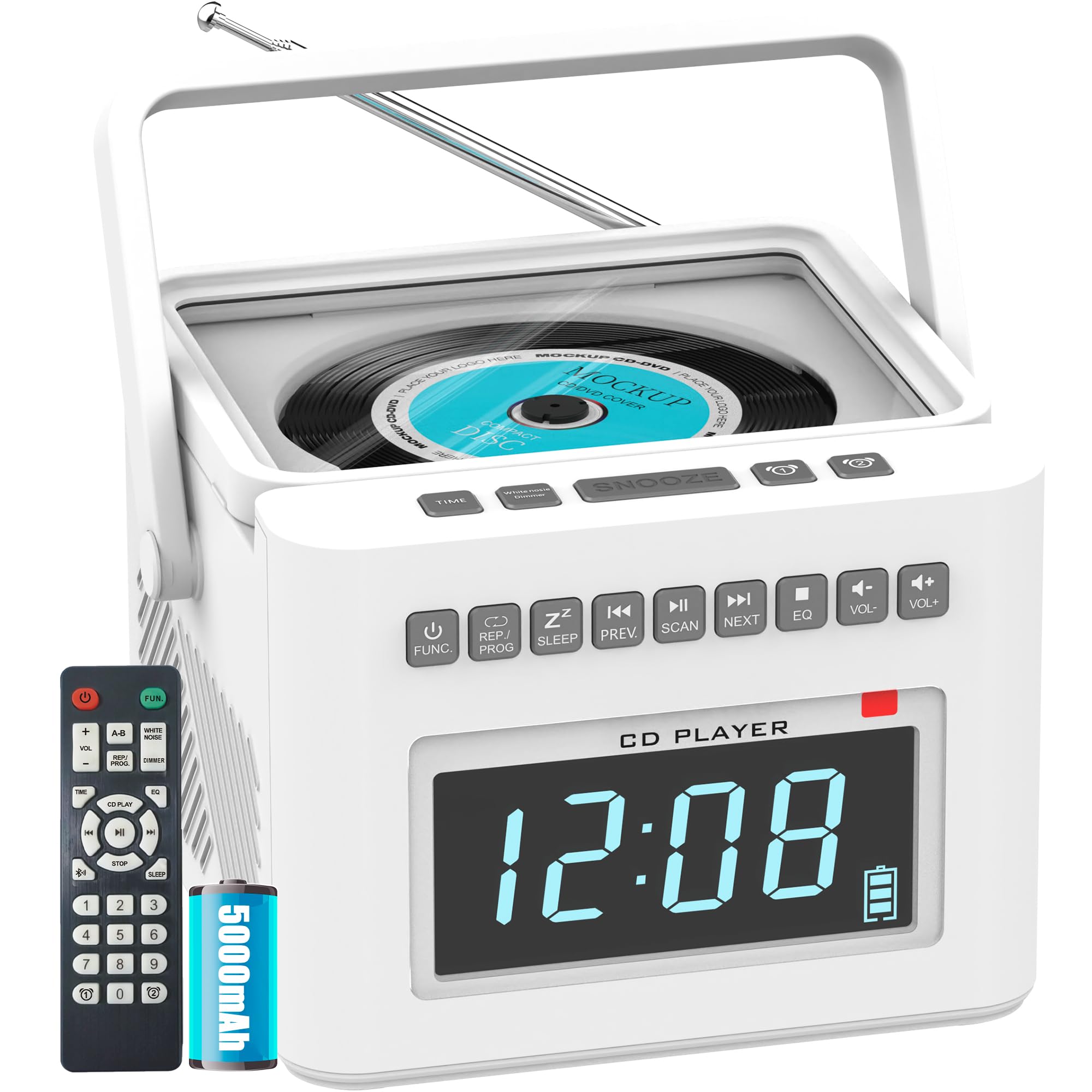 Greadio CD Player Alarm Clock Boombox with Bluetooth, 5000mAh Boombox ...