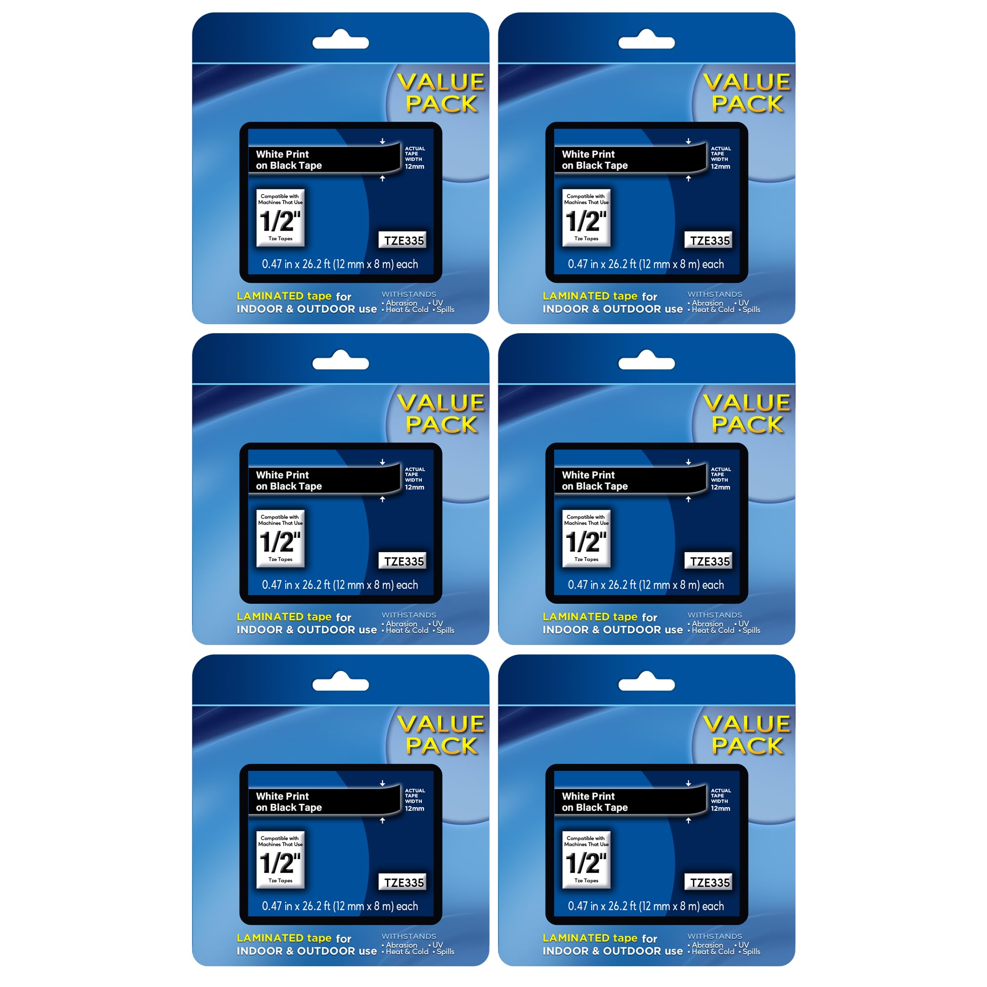 6-Pack TZe-335 Label Tape White on Black Replacement for Brother TZe335 ...