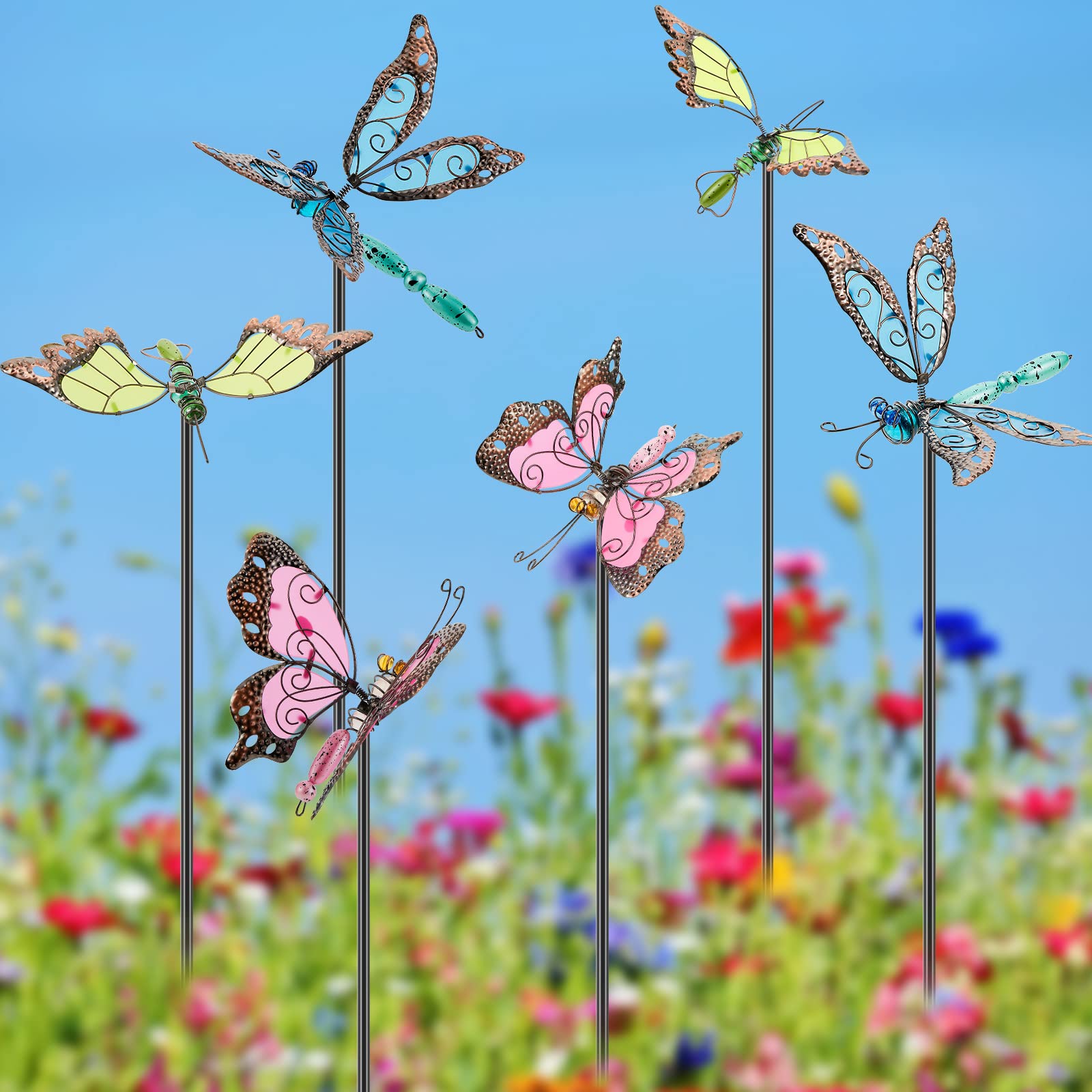6 Pcs Metal Butterfly Garden Stakes Decor 34 Inch Dragonfly Hummingbird ...