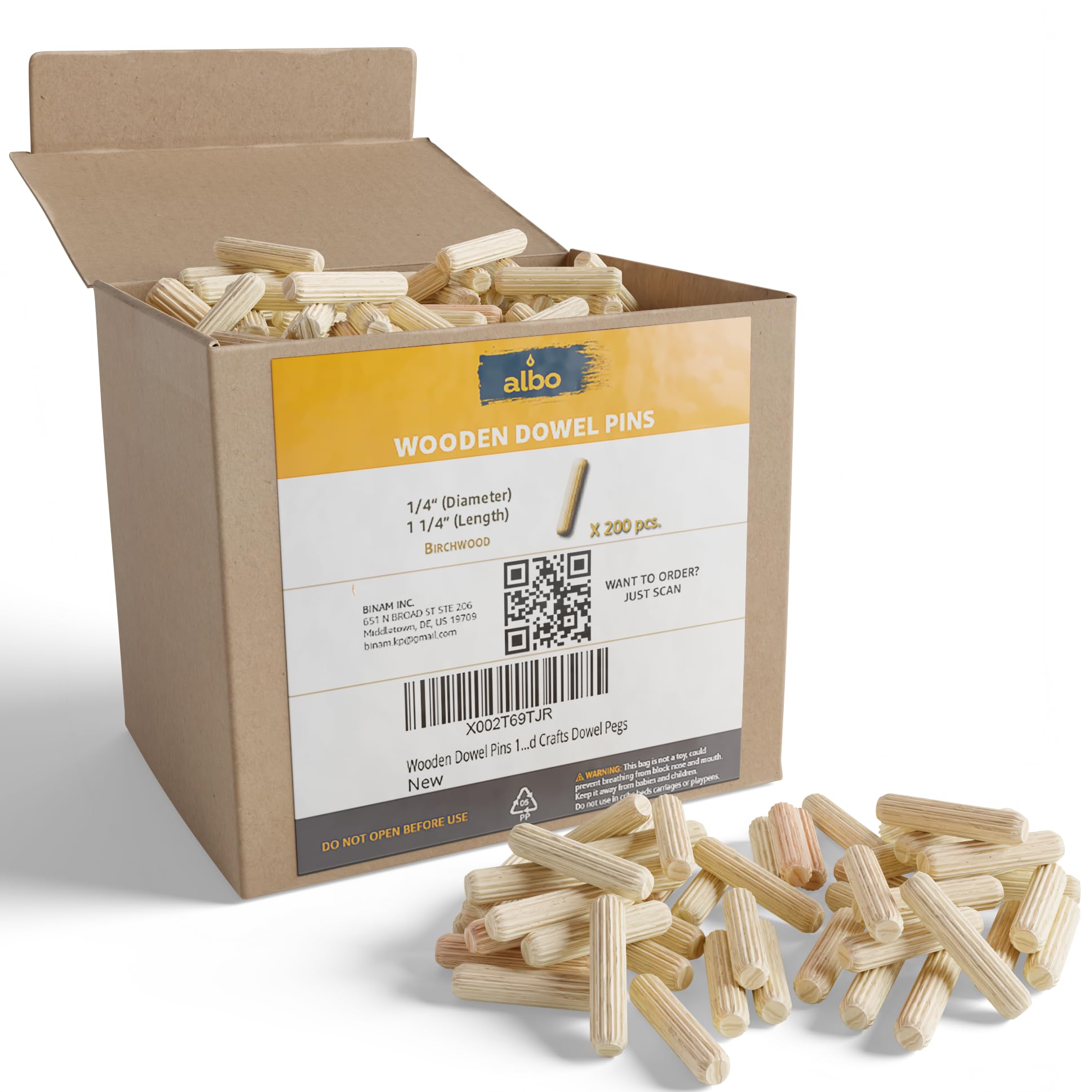 ALBO Wooden Dowel Pins 1/4 x 1-1/4 inch Fluted Wood Dowels Rods 200 ...