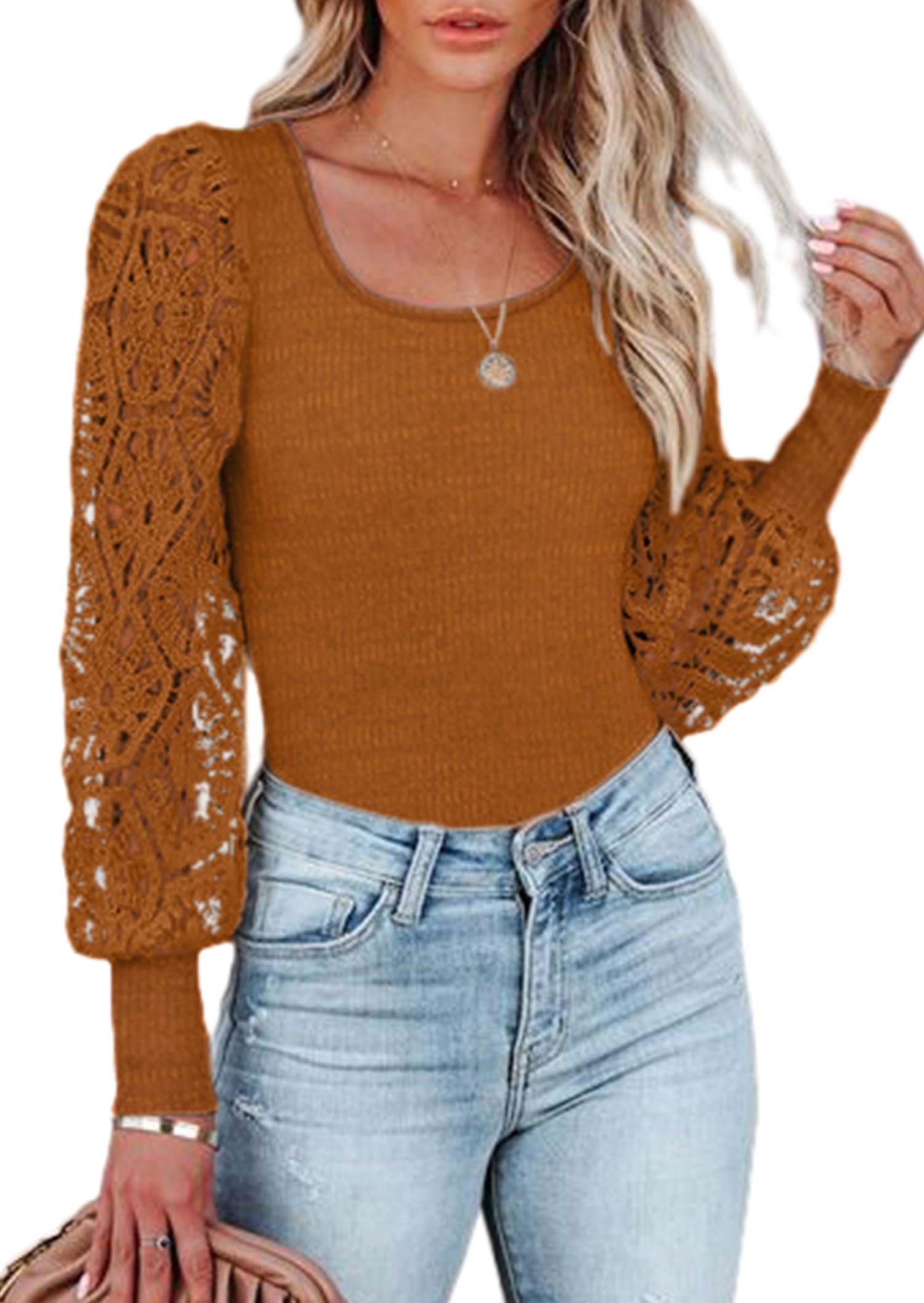 Neweek Crochet Sleeve Sweater Top Bodycon Lace Blouses for Women Square ...