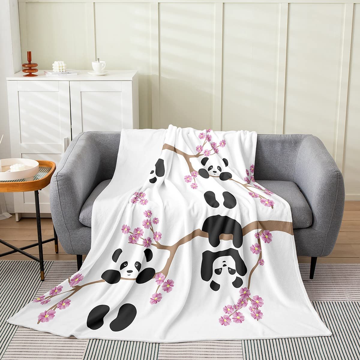 Cartoon Panda Throw Blanket for Kids Boys Girls Pink Cherry Blossom ...