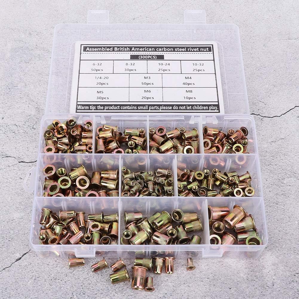 300Pcs Rivet Nut Assortment Kit Carbon Steel Flat Head Threaded Insert ...