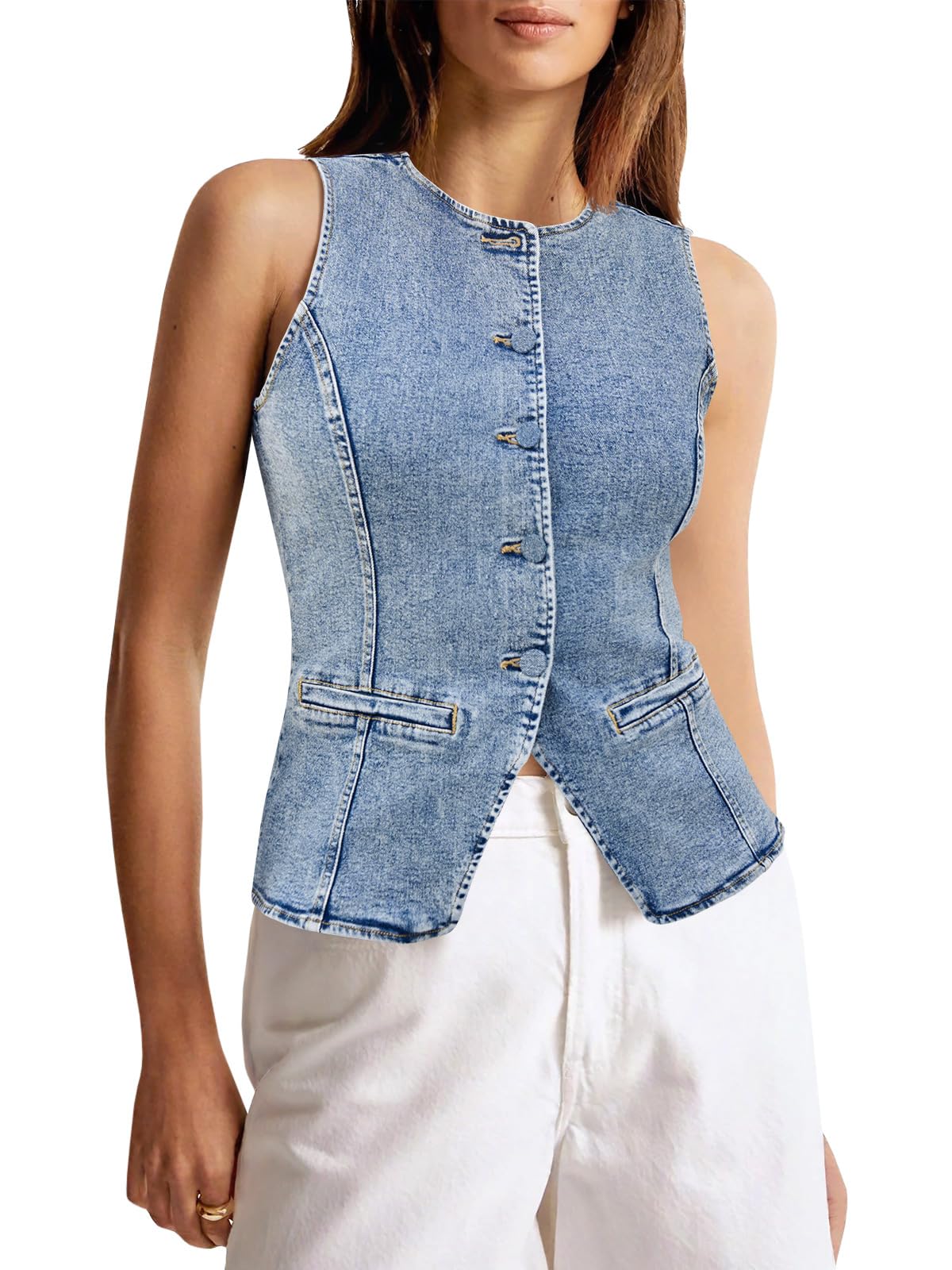 Tankaneo Womens Button Down Denim Vest Tops Sleeveless Fitted Jean Tank ...