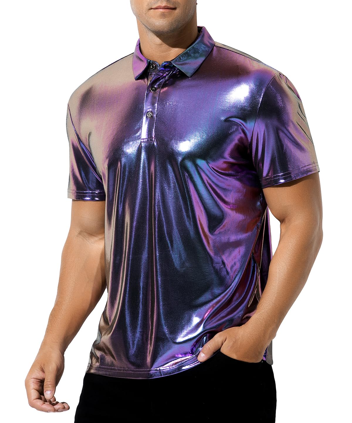 Casey Kevin Men's Metallic Polo Shirt 70s Disco Outfit Holographic Rave ...
