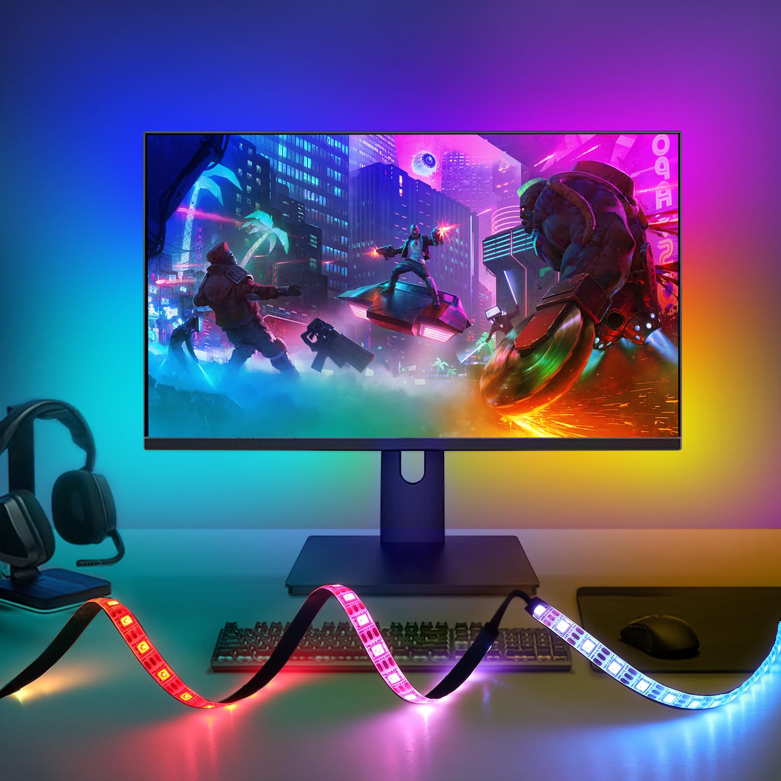 bruwaa Monitor Backlight for PC, 5.5ft LED Strip Sync to 27 Inch Screen ...