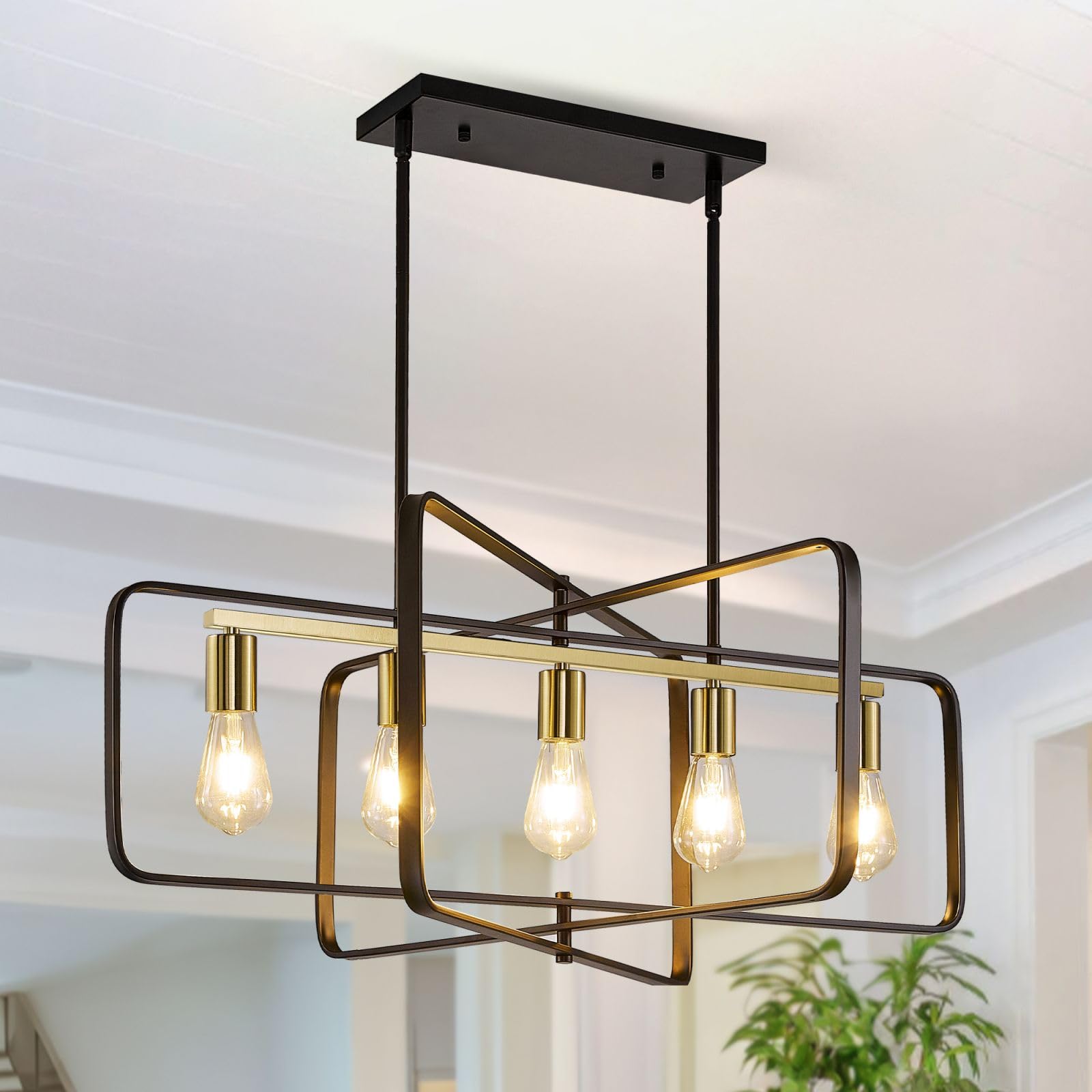 Black and Gold Farmhouse Chandeliers for Dining Room, 5-Light Kitchen ...