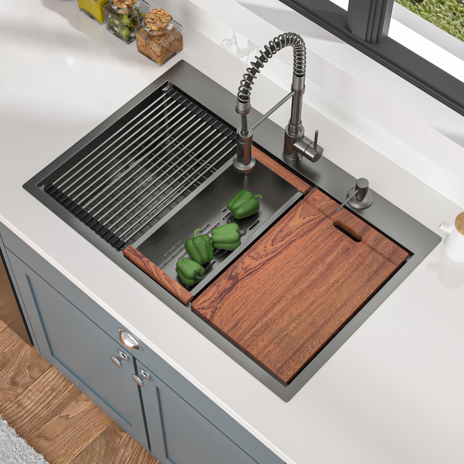 Mocoloo 30 Black Drop In Kitchen Sink 30x22 Workstation Sink Gunmetal ...