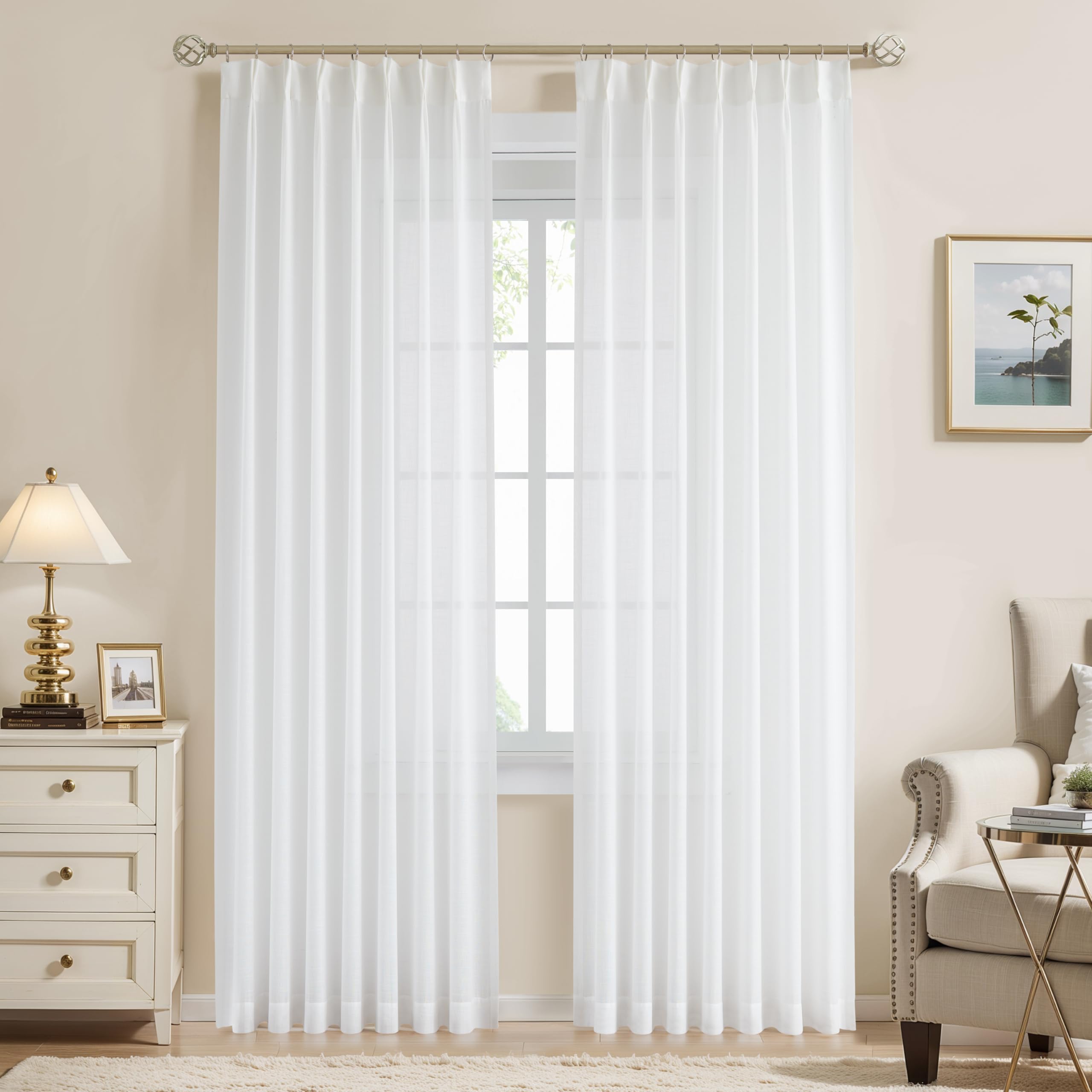 WEST LAKE Extra Long White Pinch Pleat Sheer Curtain Panels 108 Inches ...