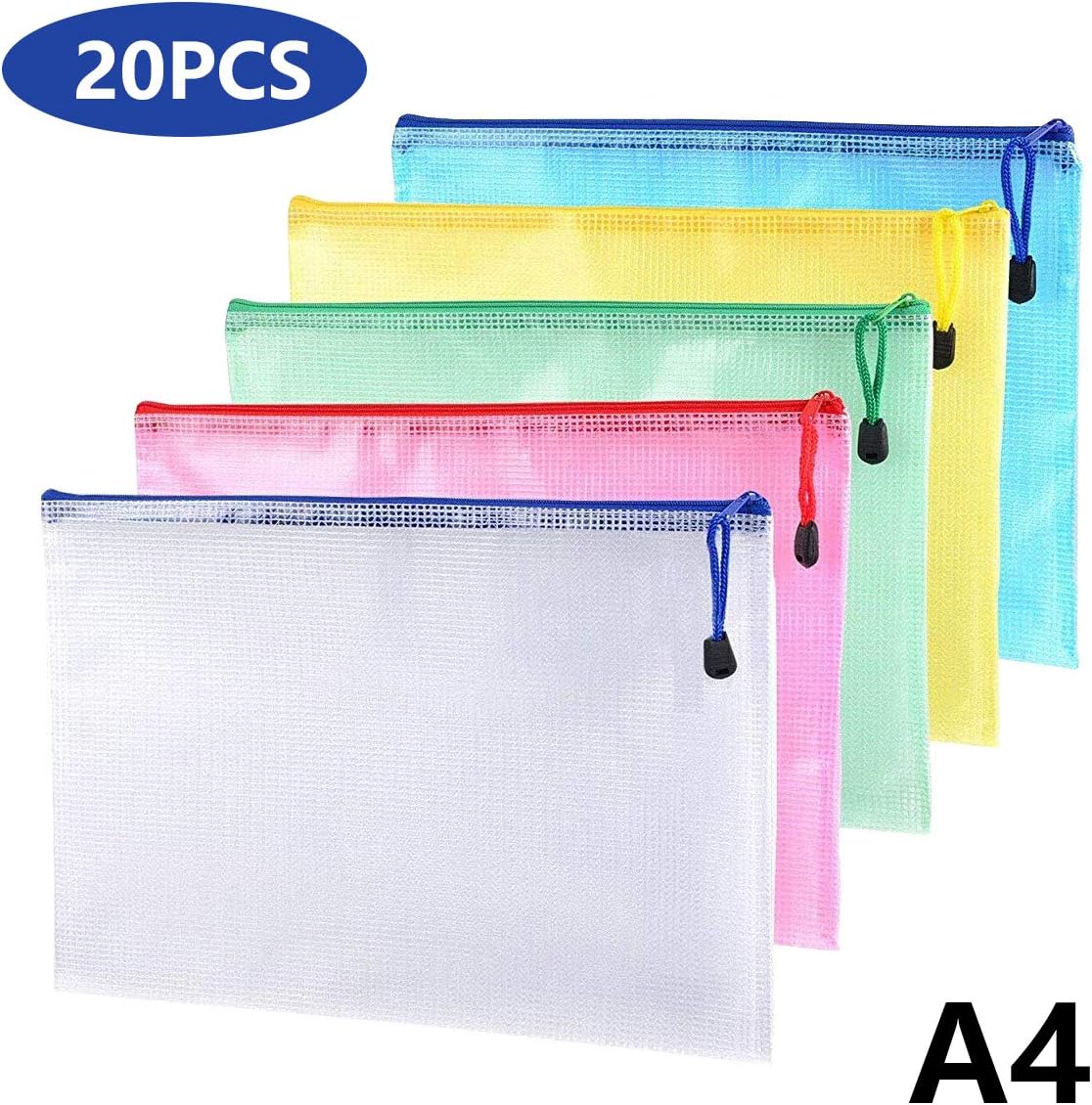 20 Pack Zipper File Bags A4 Mesh Document Bag Plastic Folders Wallets ...