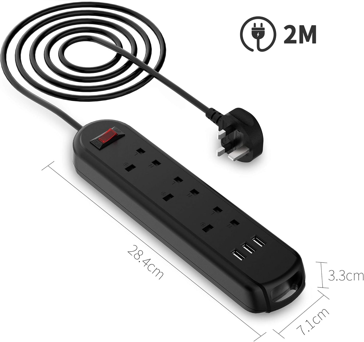 ONLYWIN Extension Lead with USB Ports, Power Socket Plug with 3 AC ...
