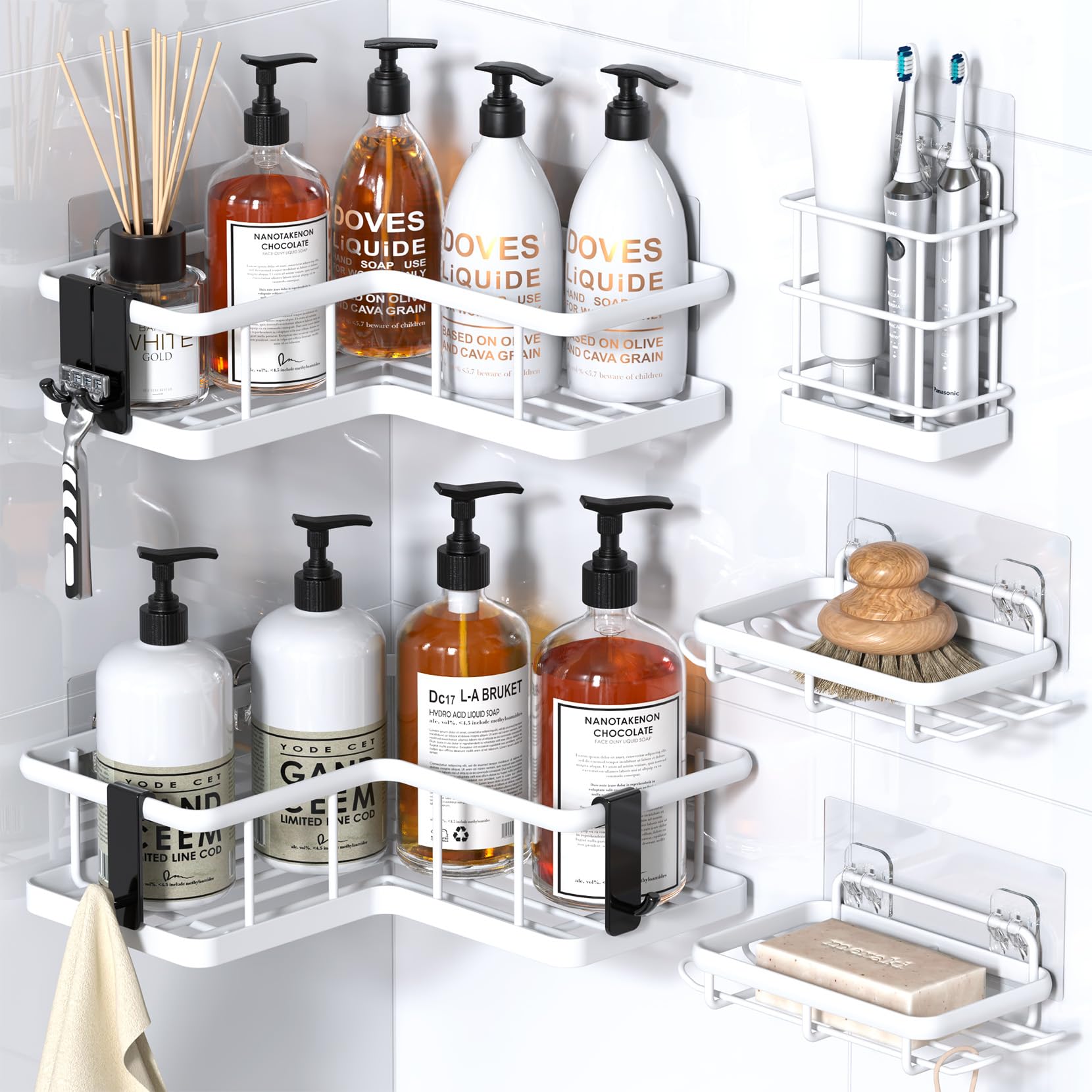 YASONIC Shower Caddy Corner, 5-Pack Shower Corner Shelf with 12 Hooks ...