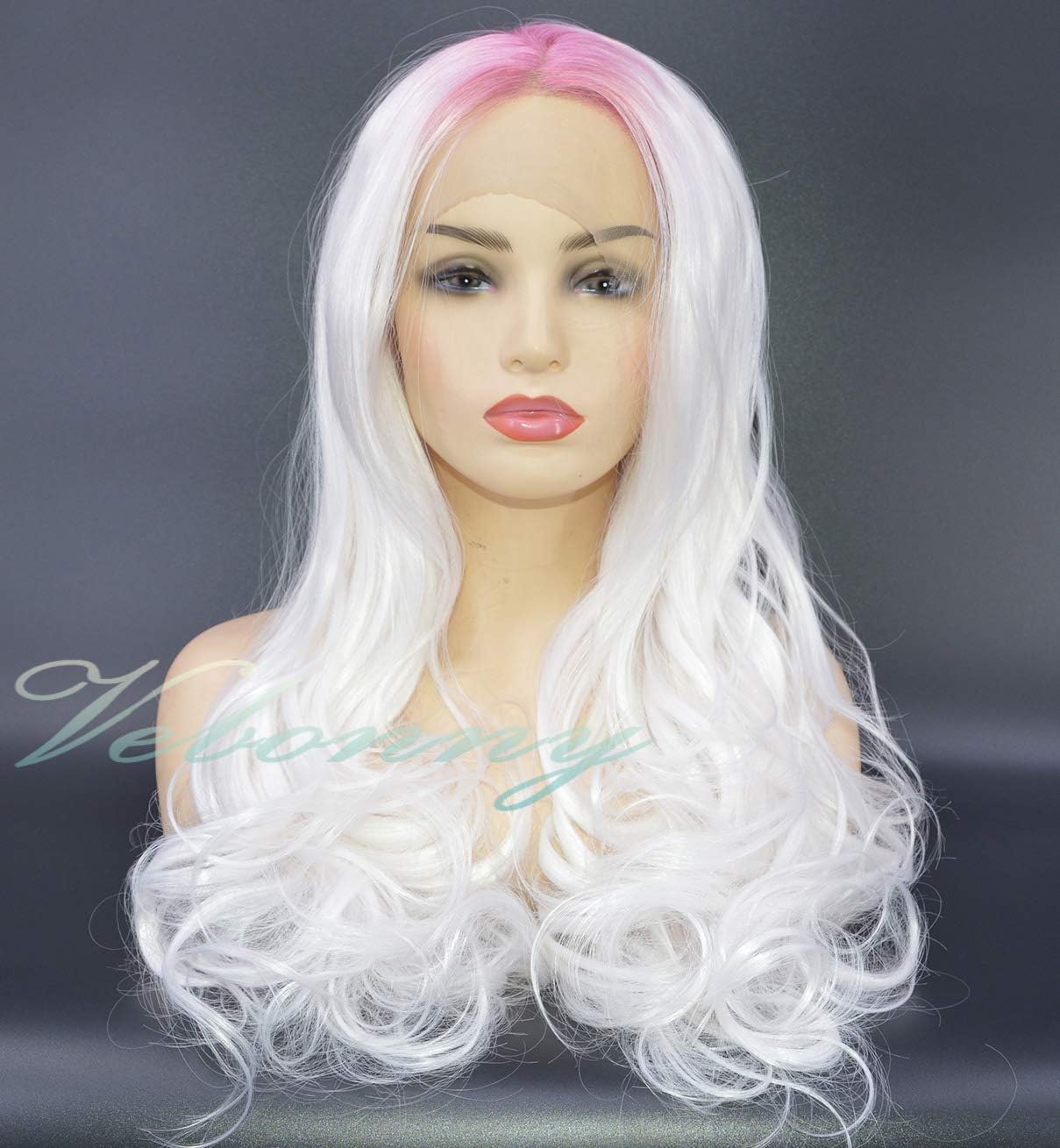 VEBONNY Flawless White Wigs with Pink Roots Long Wavy Hair Synthetic ...