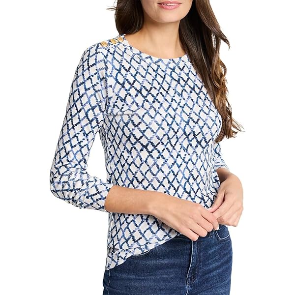 NIC+ZOE Women's Petite Mixed Stripe Ruched Sleeve TEE, Indigo