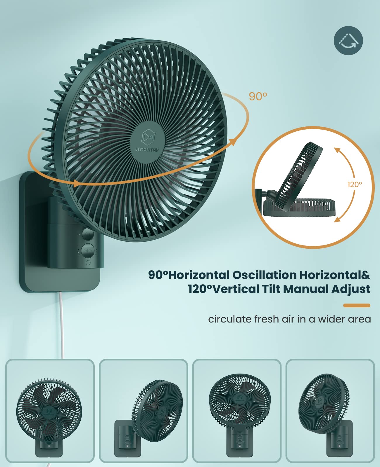 LEMOISTAR 8 Inch Small Wall Mounted Fan With Remote Control, 90 ...