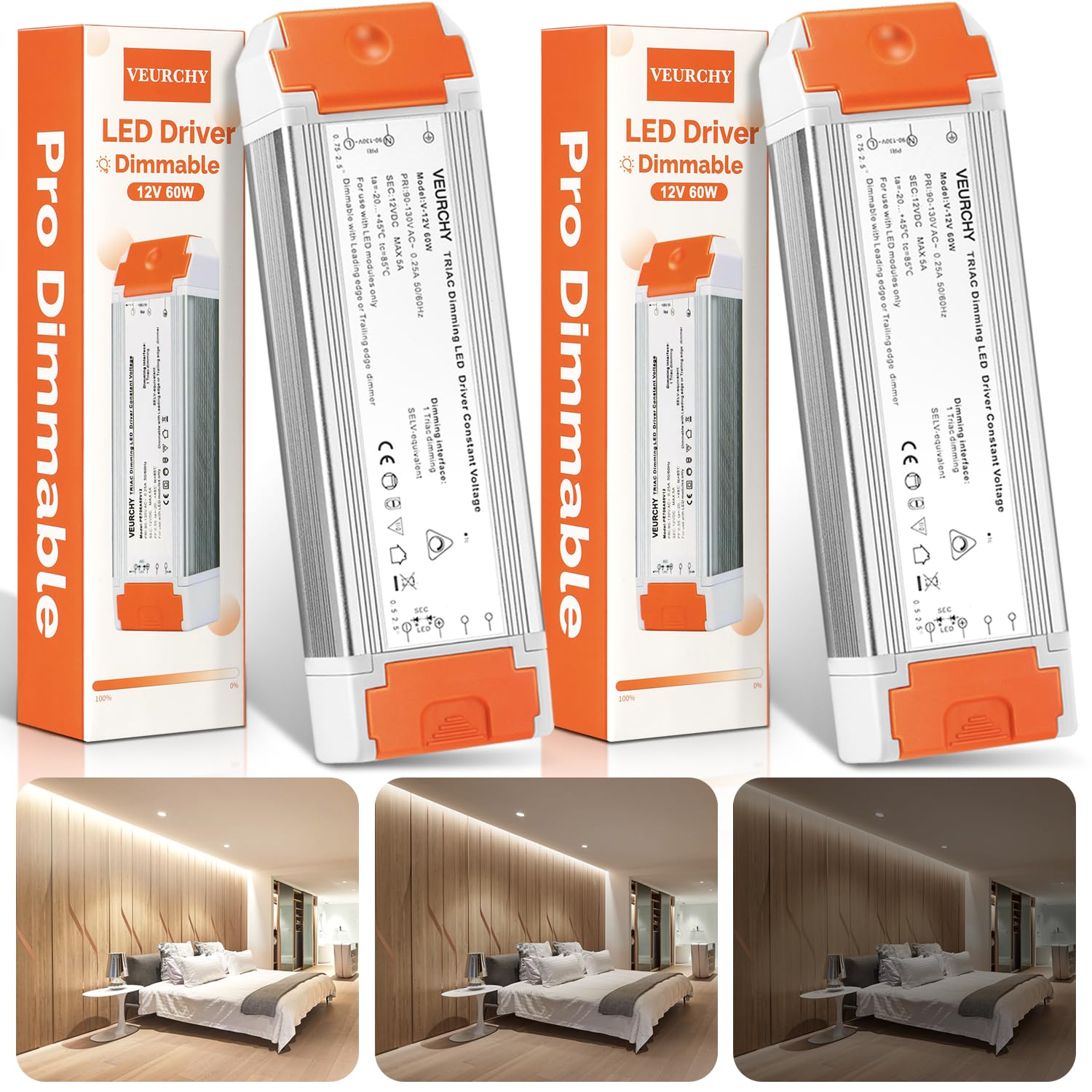 VEURCHY 60W Dimmable LED Driver 12V DC Triac Constant Transformer, 120V ...