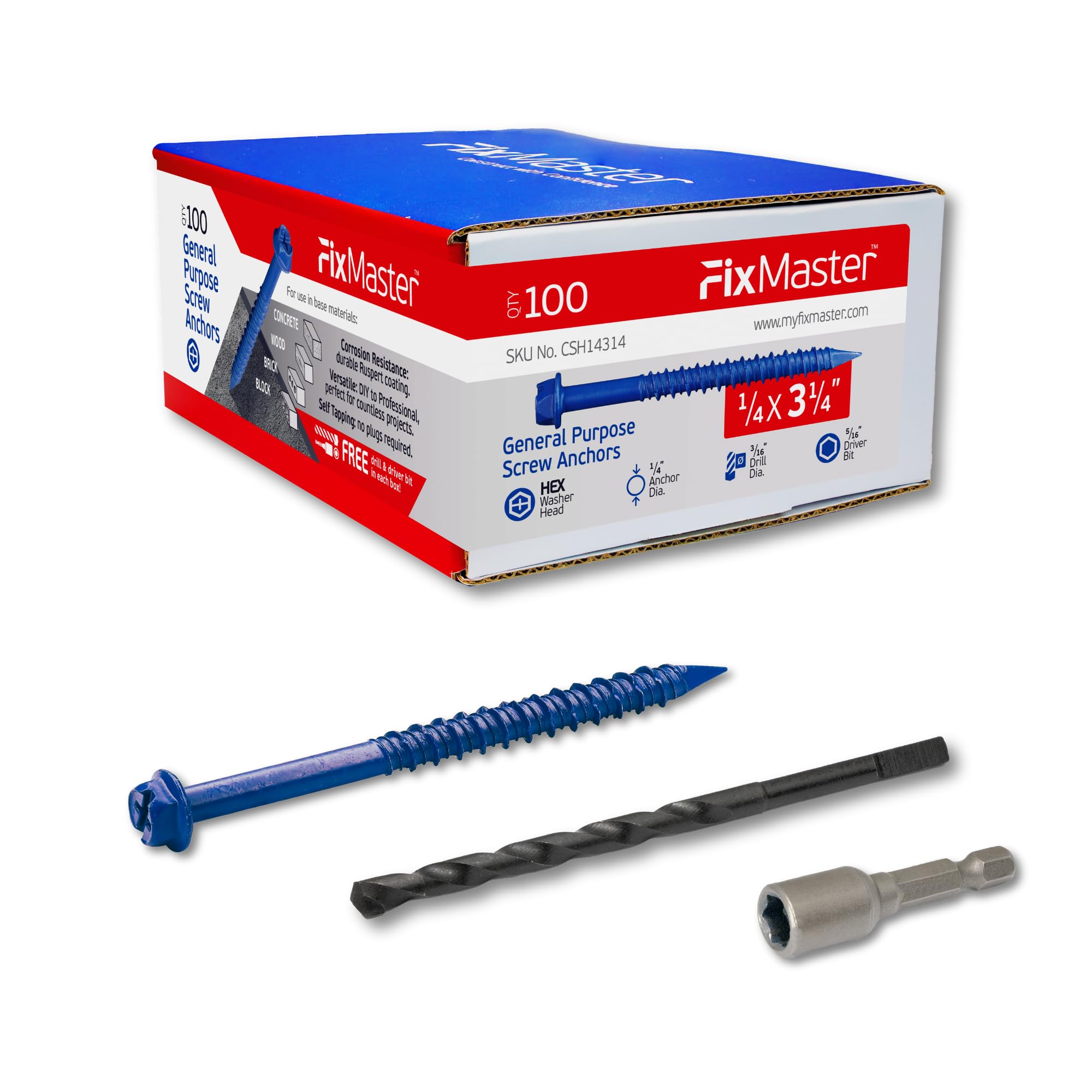 FixMaster 1/4 x 3-1/4" Hex Head Blue Concrete Screw Anchors (100 pcs Screw Kit) with one ...