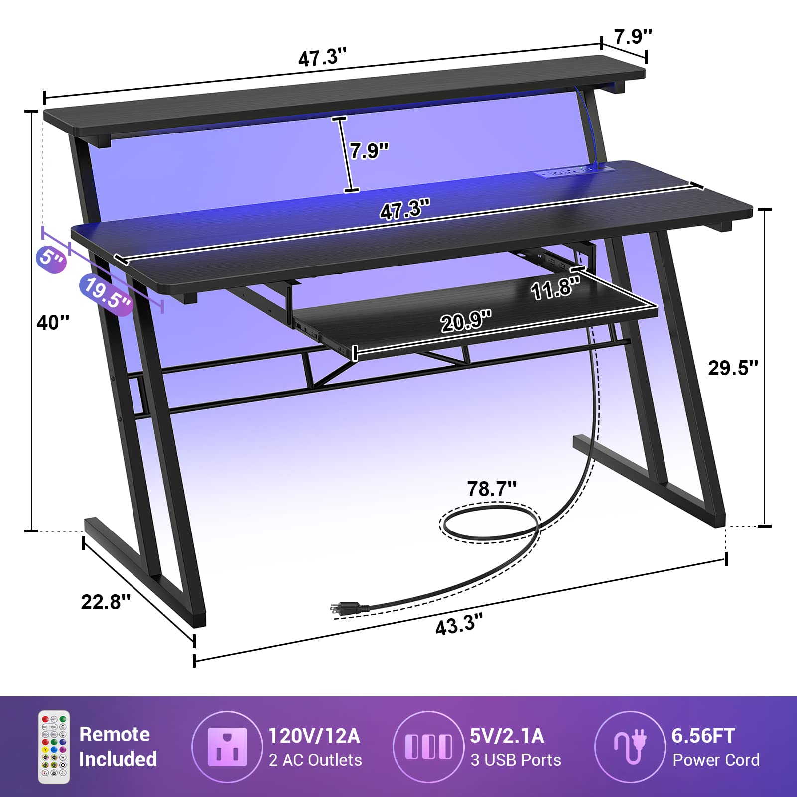 Mua armocity Music Studio Desk with Power Outlets and RGB LED Lights ...