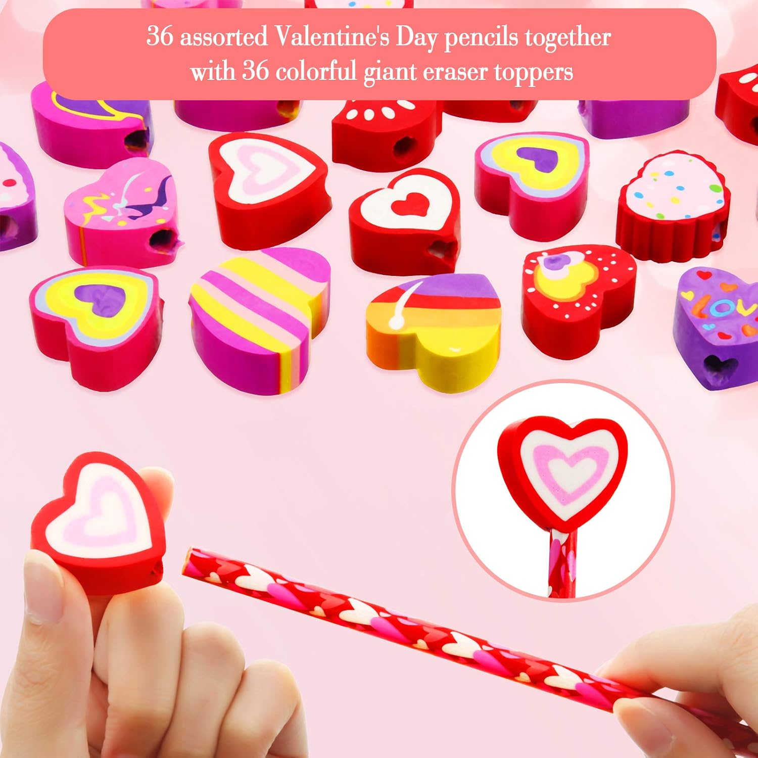 72 Piece Valentine‘s Day Pencils Assortment and Heart Eraser Topper kit ...