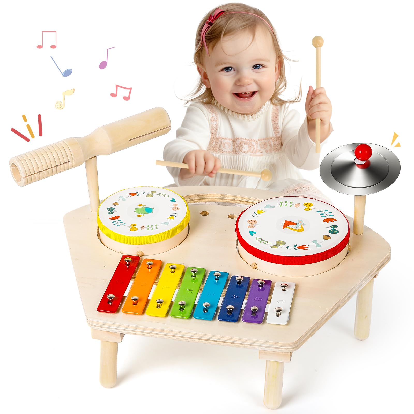M SANMERSEN Kids Drum Set 7 in 1 Toddler Music Toys Wooden Montessori ...