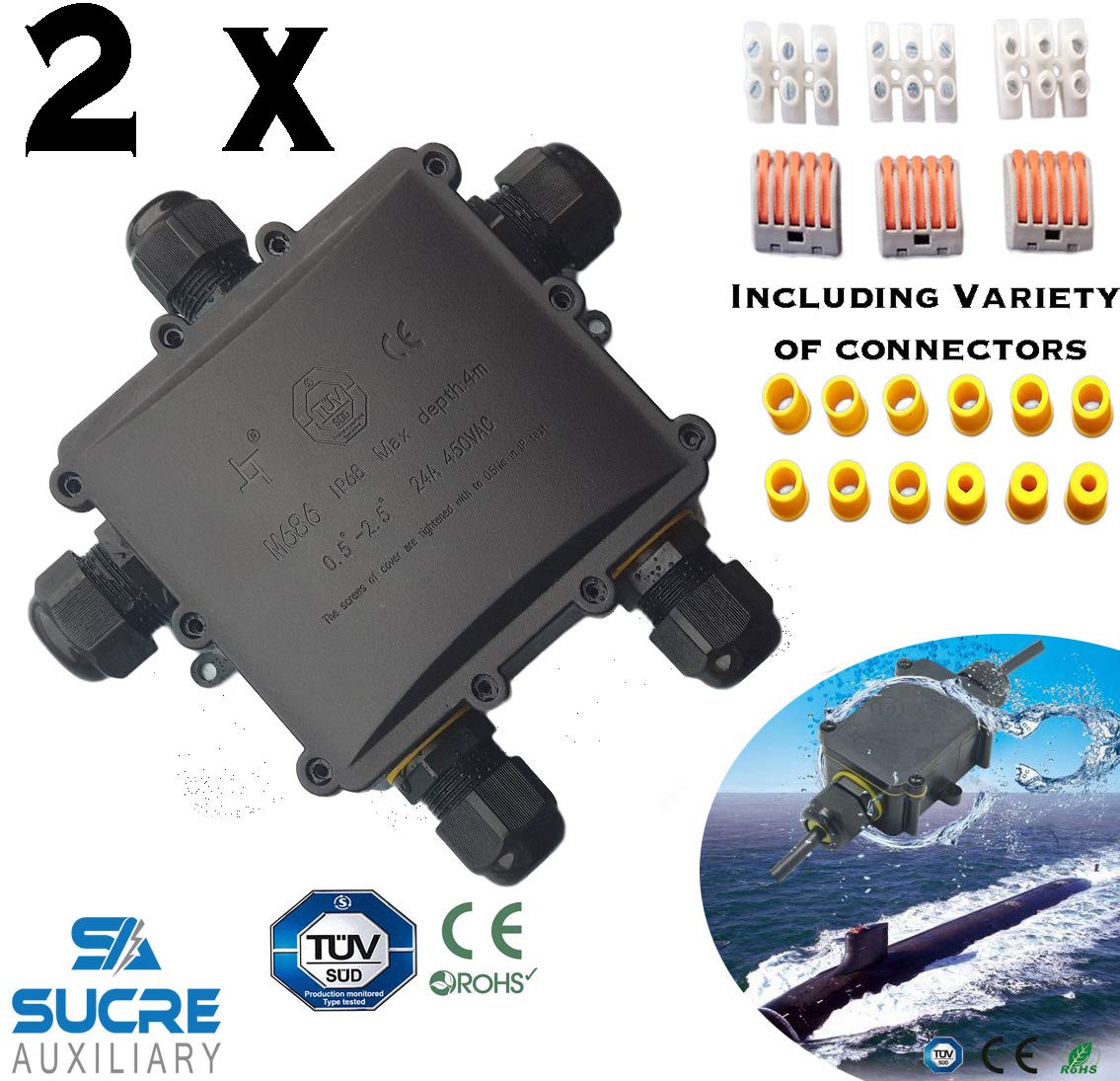 2 Packs of 24A 450V AC IP68 Waterproof Large 5 Way Electrical Cable ...