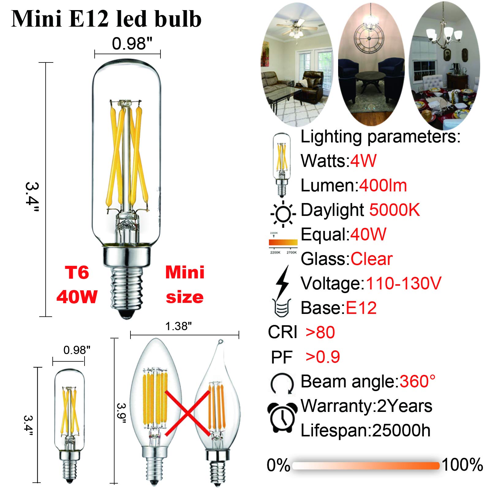 Mua LiteHistory E12 led bulb Dimmable 4W equal 40W led candelabra bulb daylight 5000K clear T6 ...