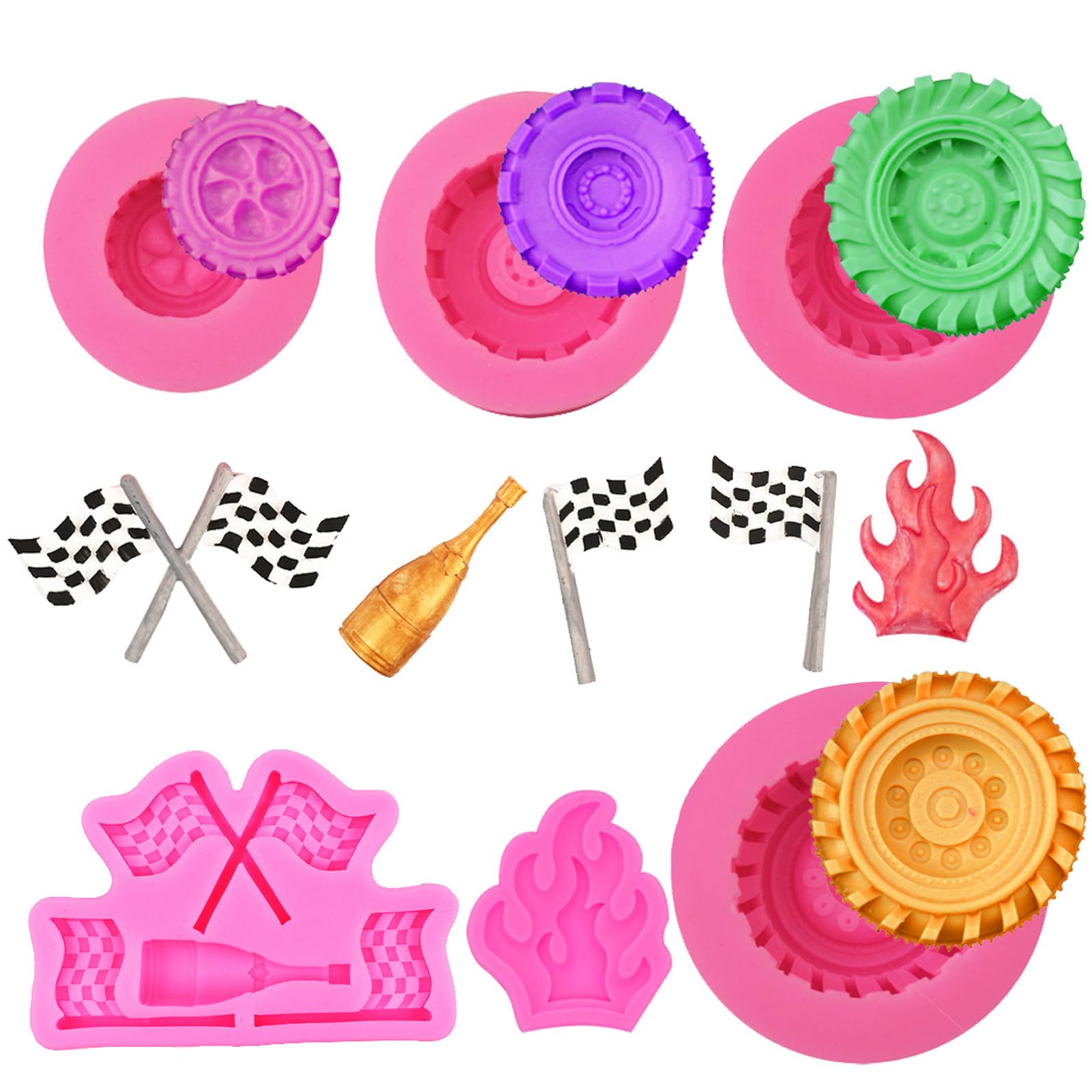 6PCS Race Car Mold, Silicone 3D Tire Fondant Mold Truck Wheel Mold Fire ...
