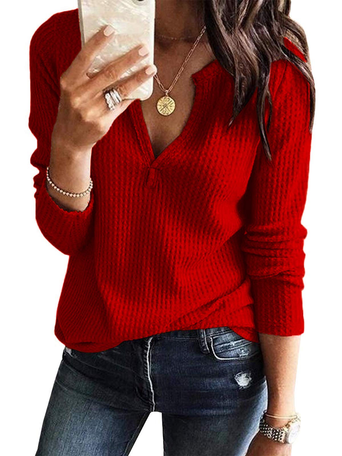 Women's V Neck Waffle Knit Henley Tops Casual Long Sleeve Pullover ...
